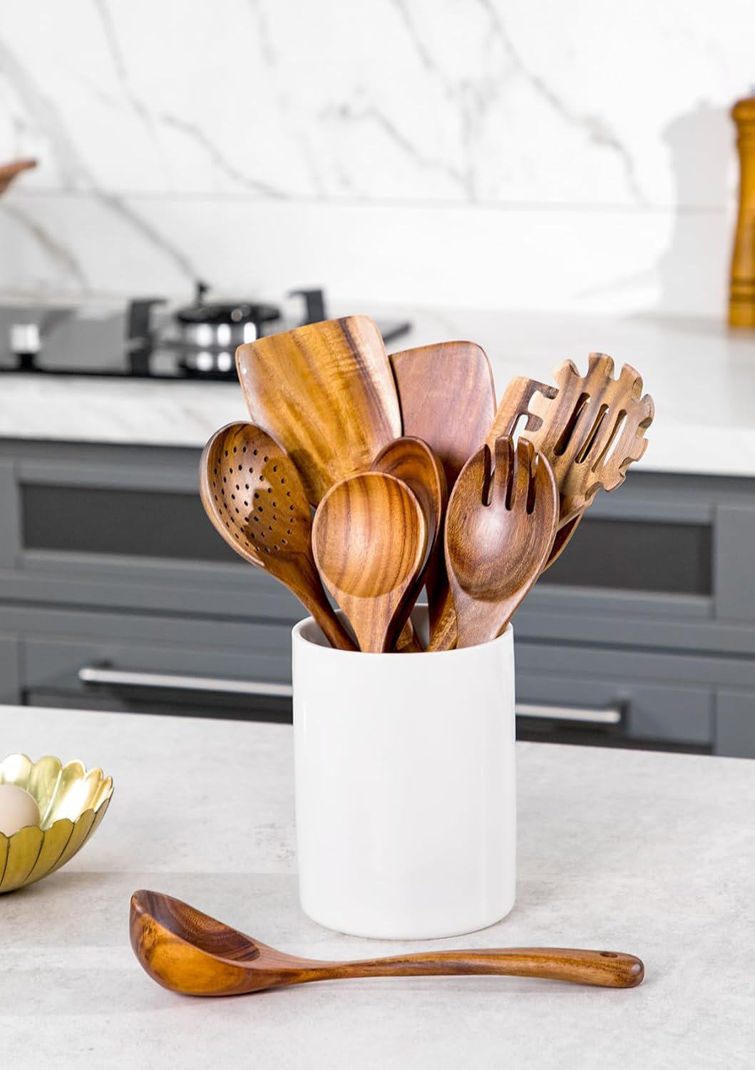wuyi 10-Piece Teak Wooden Cooking Utensils Set With Ceramic Holder ...