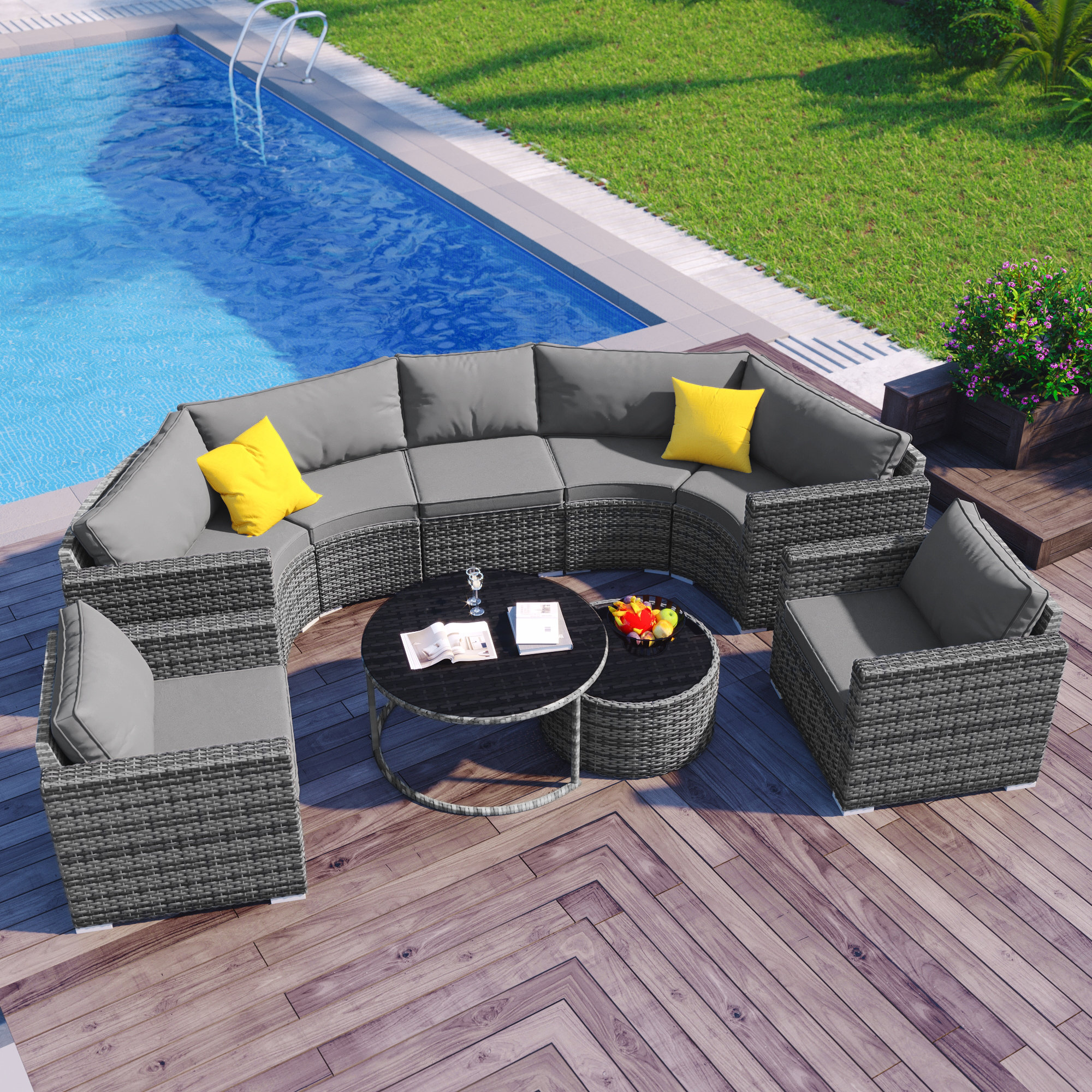 Hokku Designs 9-Piece Half-Moon Patio Sofa Set, Round Wicker Sectional ...