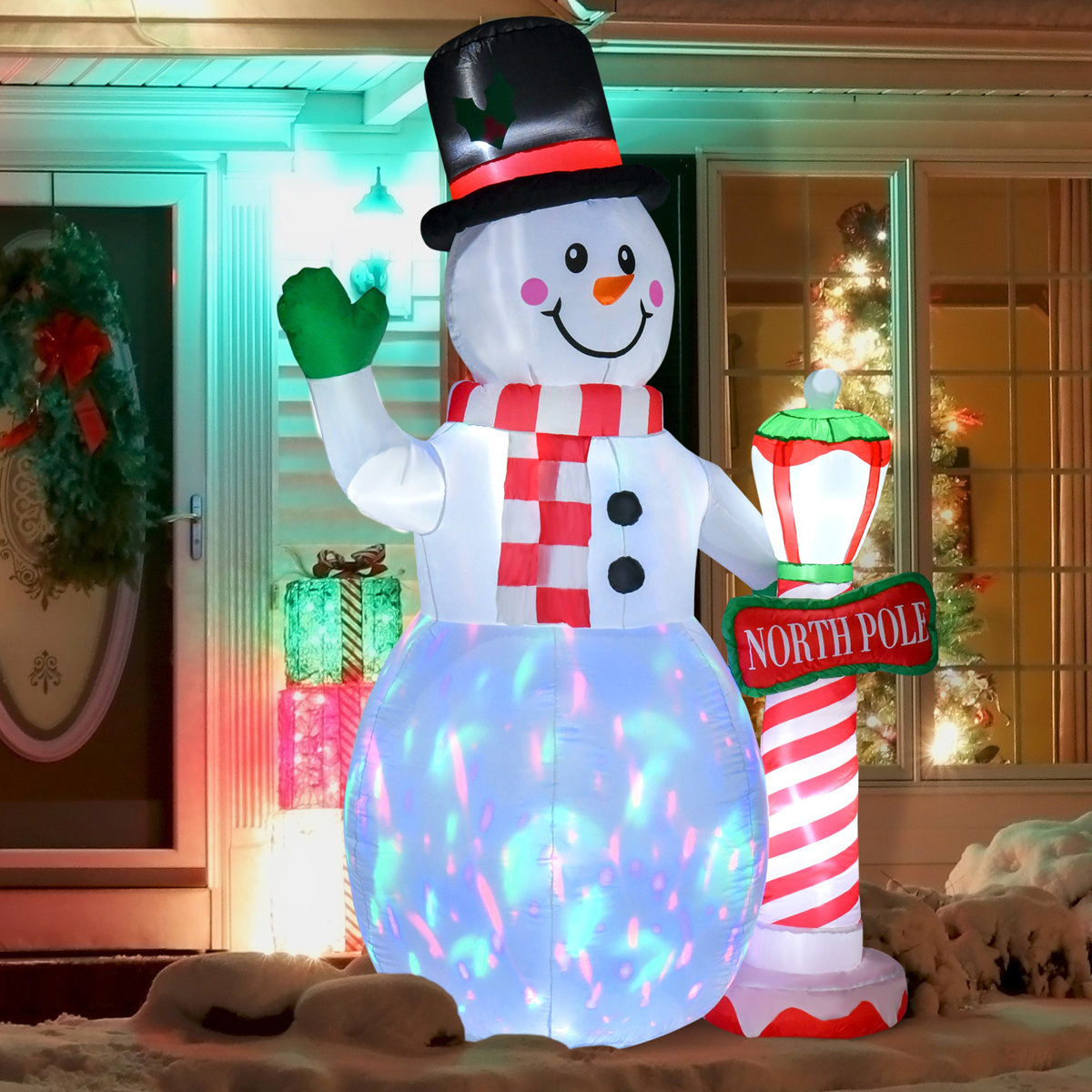 The Holiday Aisle® 8Ft Inflatable Snowman With North Pole Sign, LED ...