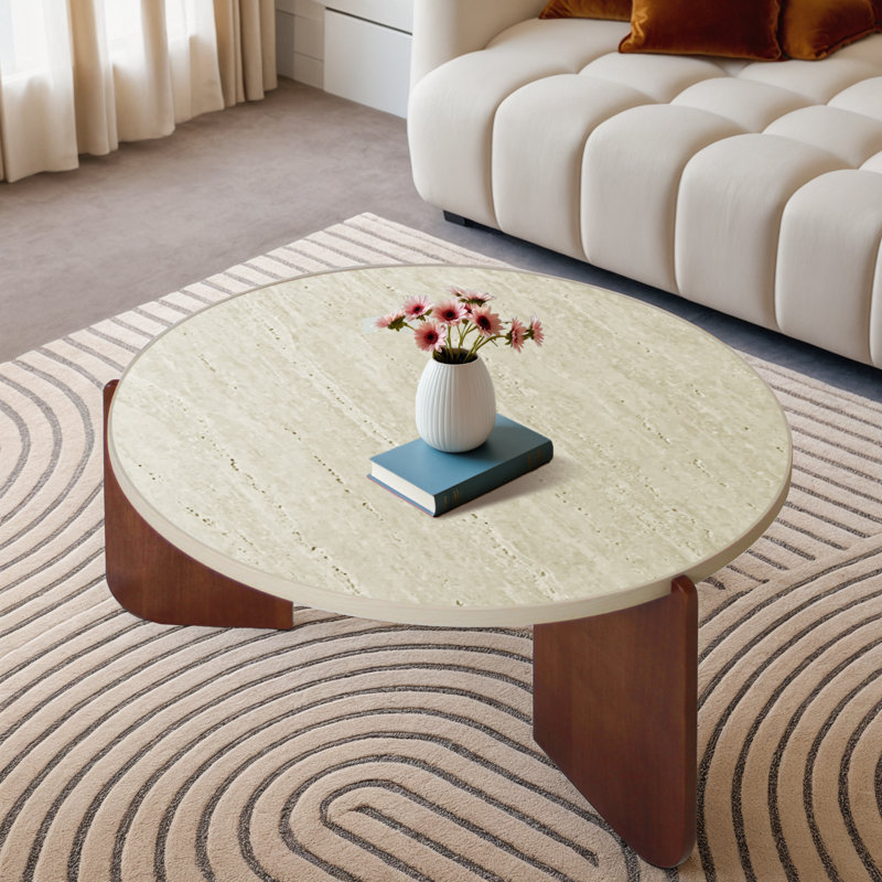 Ivy Bronx Elegant Round Travertine Texture Coffee Table – 30” Stone ...