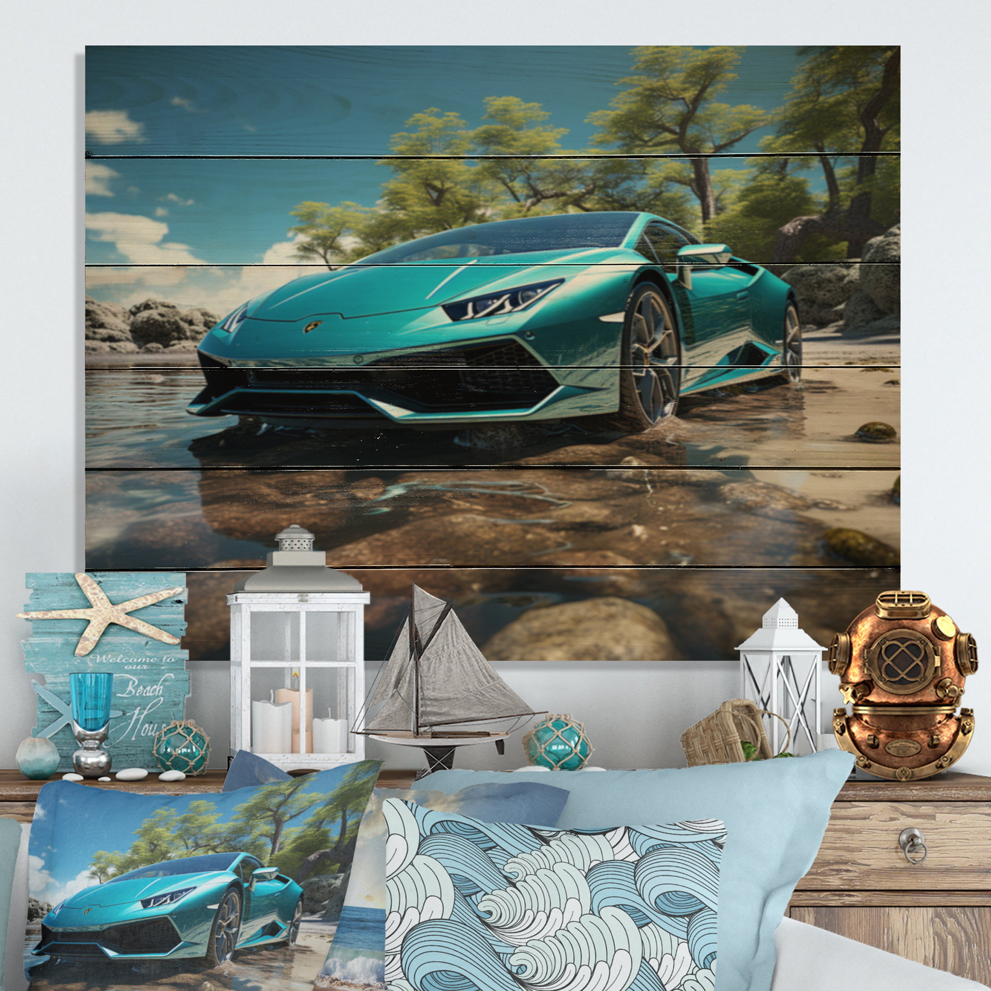 Latitude Run® Turquoise Car By The Beach On Wood Print | Wayfair