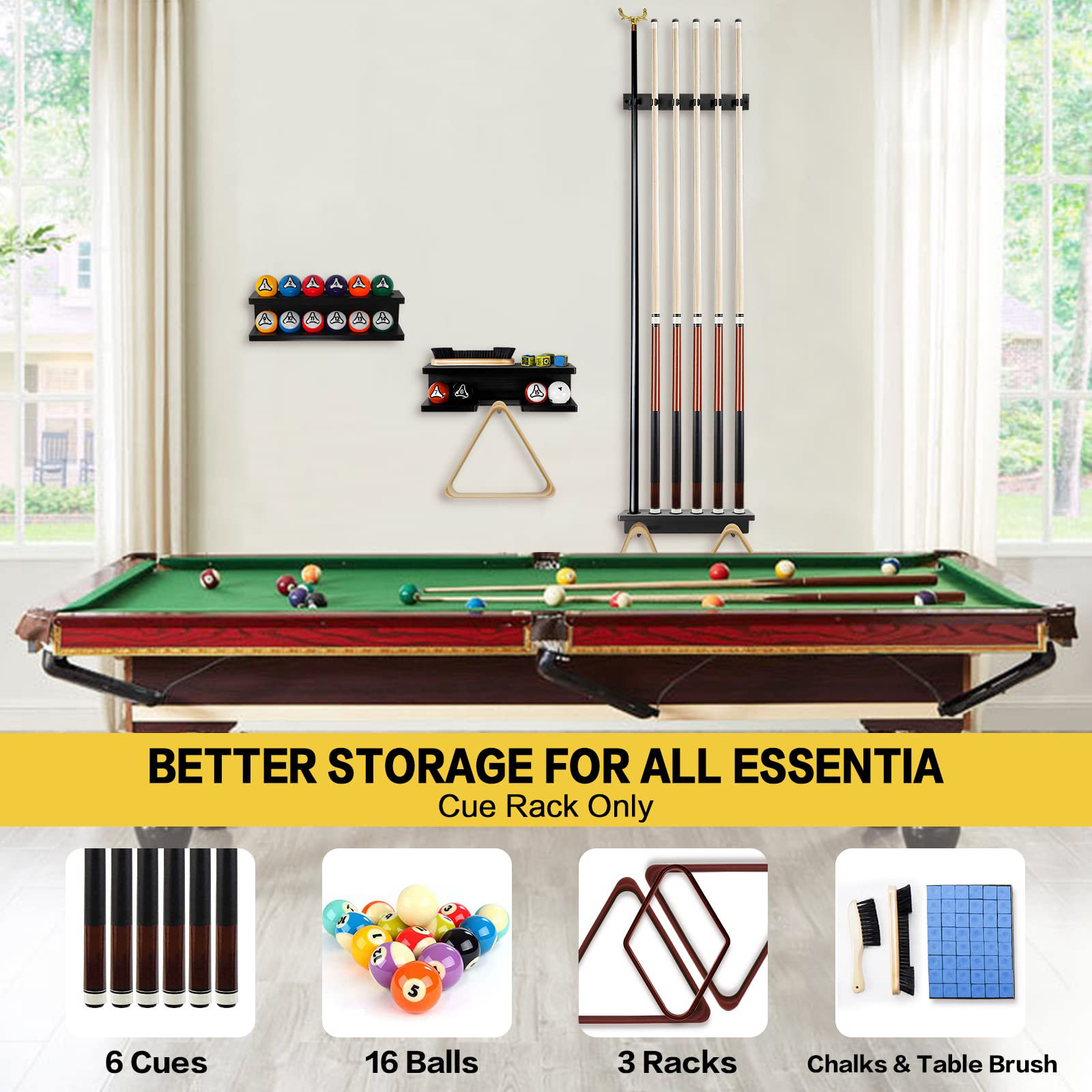 Fish hunter Pool Stick Holder Wall Mount - 100% Wood Cue Rack For 6 ...