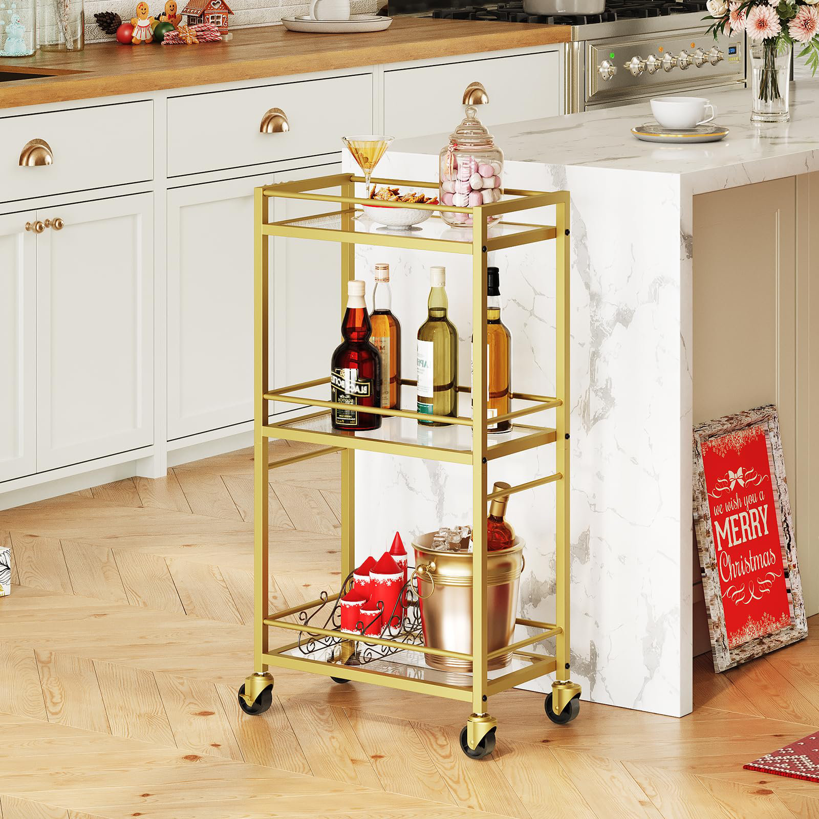 Mercer41 Noyal 3-Tier Glass Gold Bar Serving Cart Drink Cart on Wheels ...