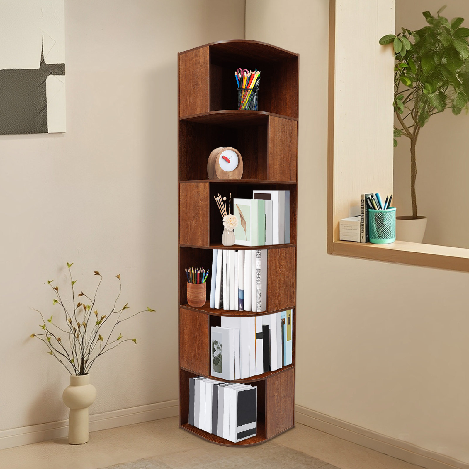 Ebern Designs 6 Tiers Floor-Standing Bookcase Display Cabinet Standing ...