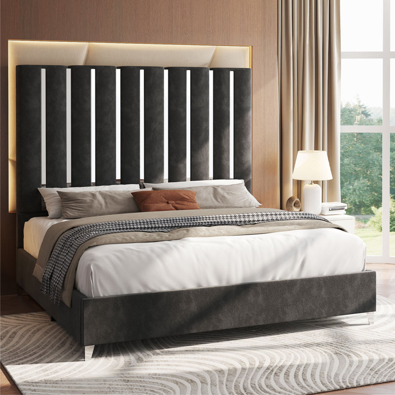 Mercer41 Bed Frame With 58" Tall Headboard, Velvet Upholstered Bed ...