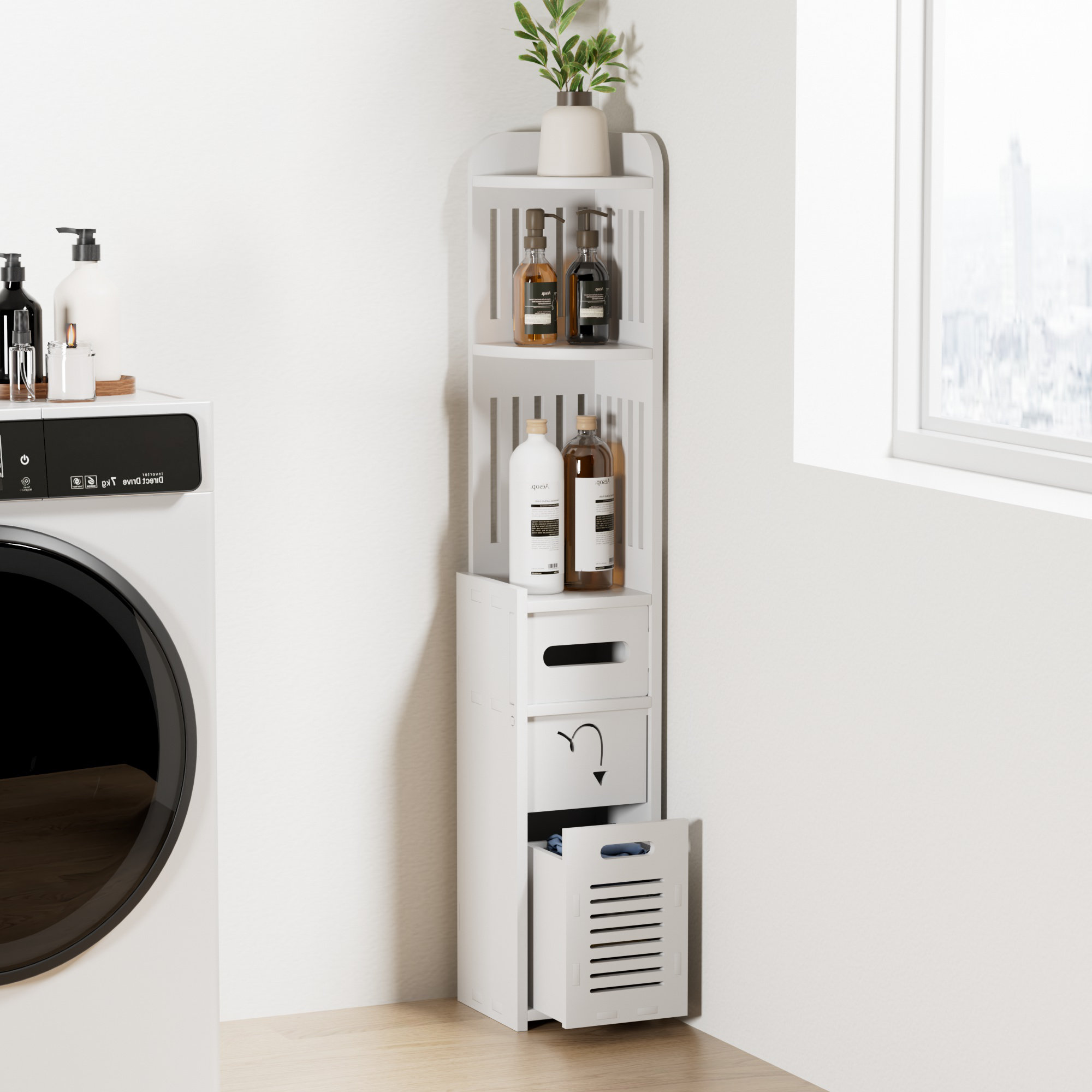 Highland Dunes Assamad Tall Bathroom Cabinet With Laundry Basket, Small ...