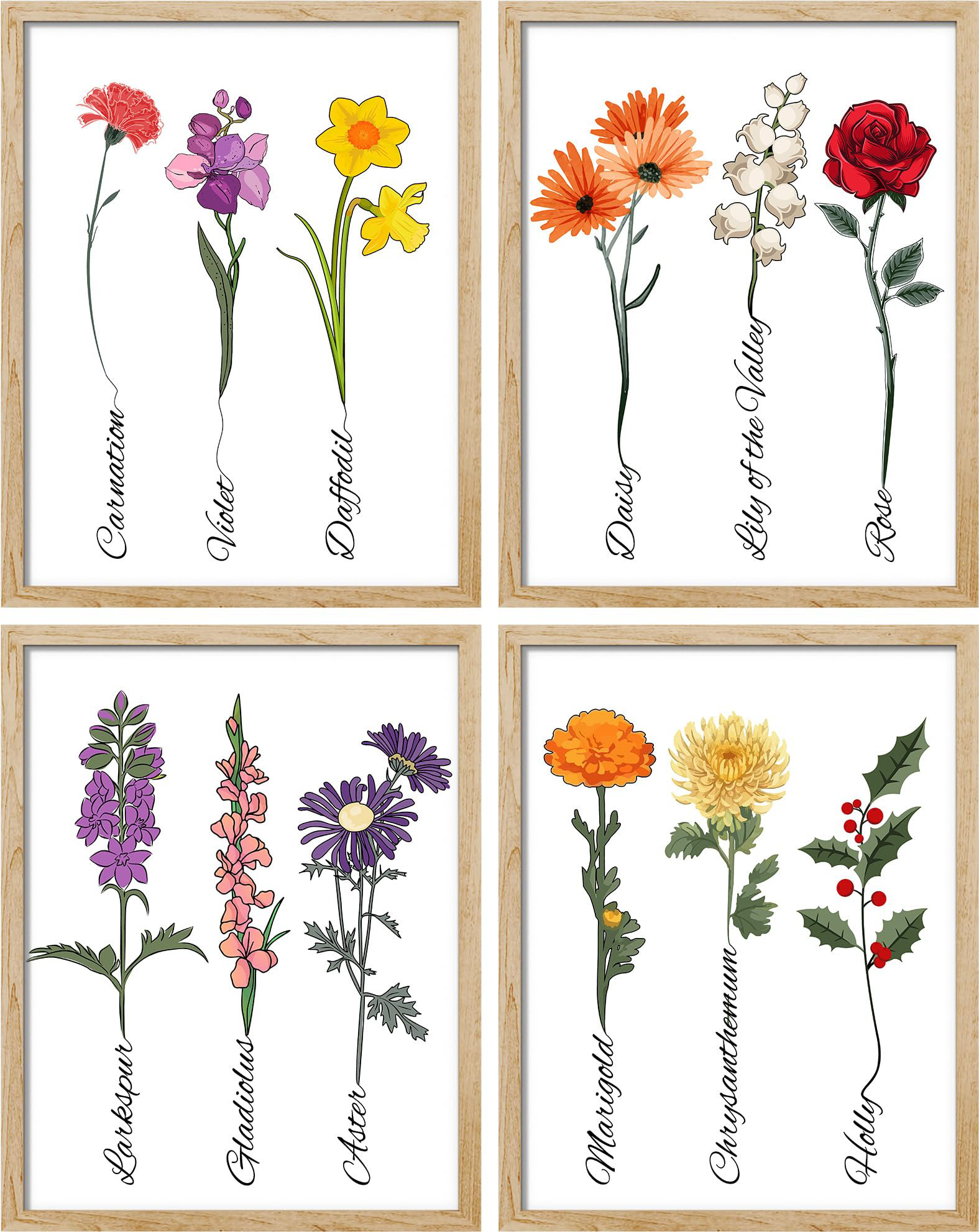 SIGNLEADER Floral Botanical Flower Collection With Names Framed On ...