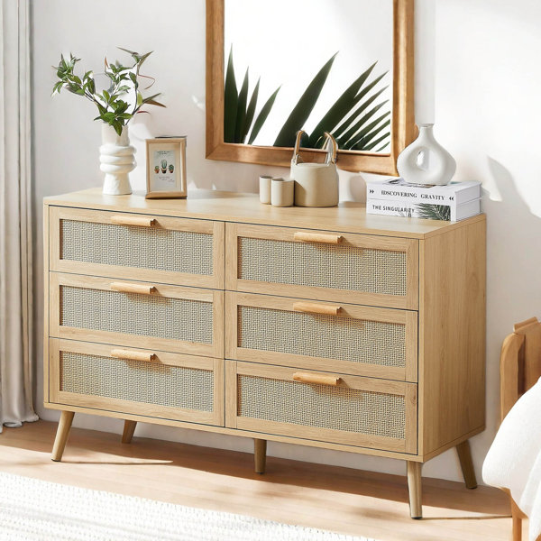 Bay Isle Home™ Atanya 47" Boho 6 Drawer Dresser, Rattan Dresser with ...