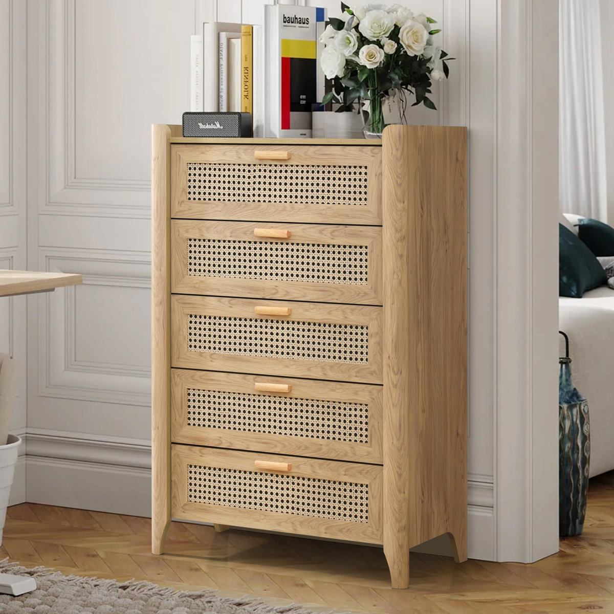 Bay Isle Home™ Fake Rattan 5 Drawers Dresser with Pre-Assembled ...