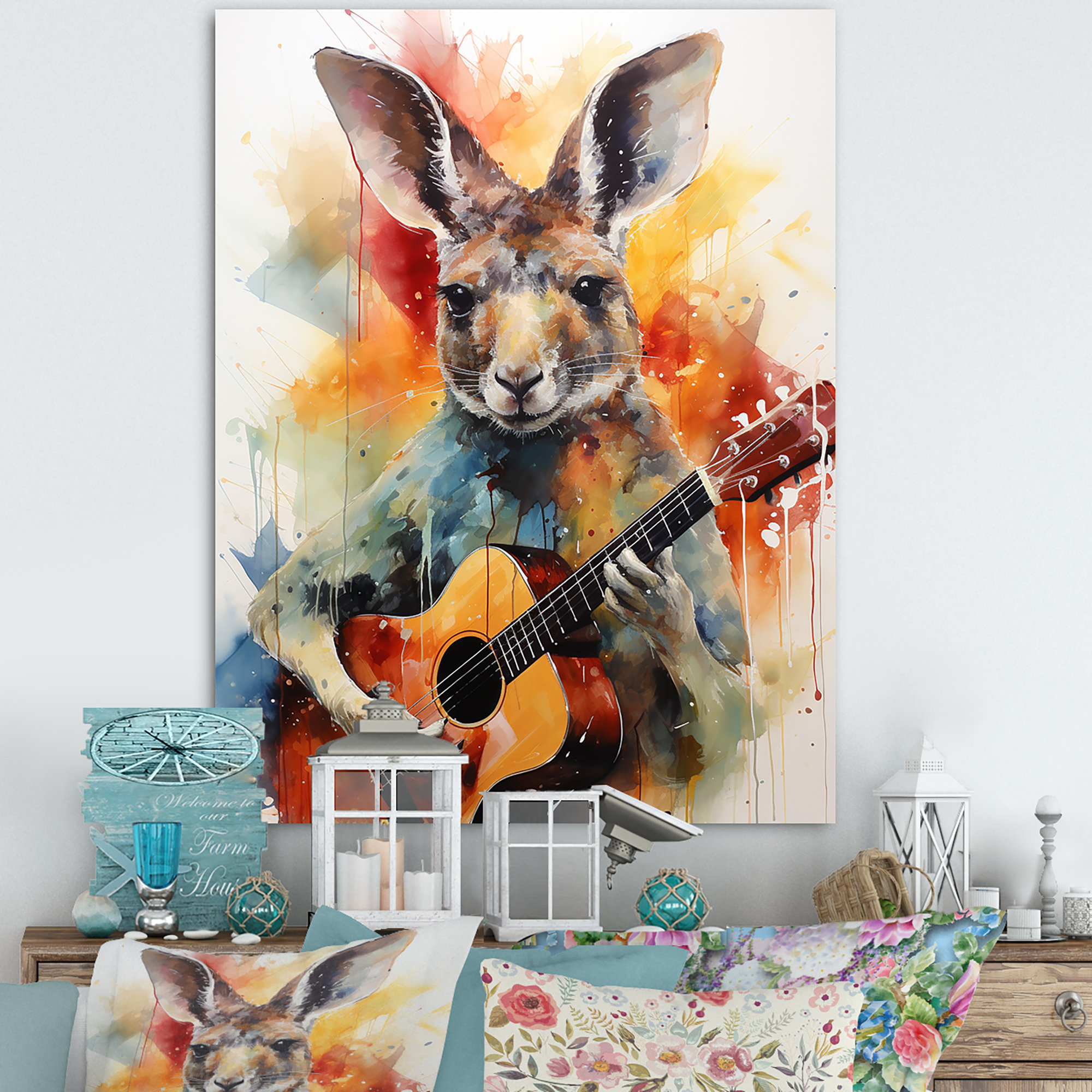 Trinx Colourful Kangaroo Playing Guitar - Kangaroo Wall Art Prints ...