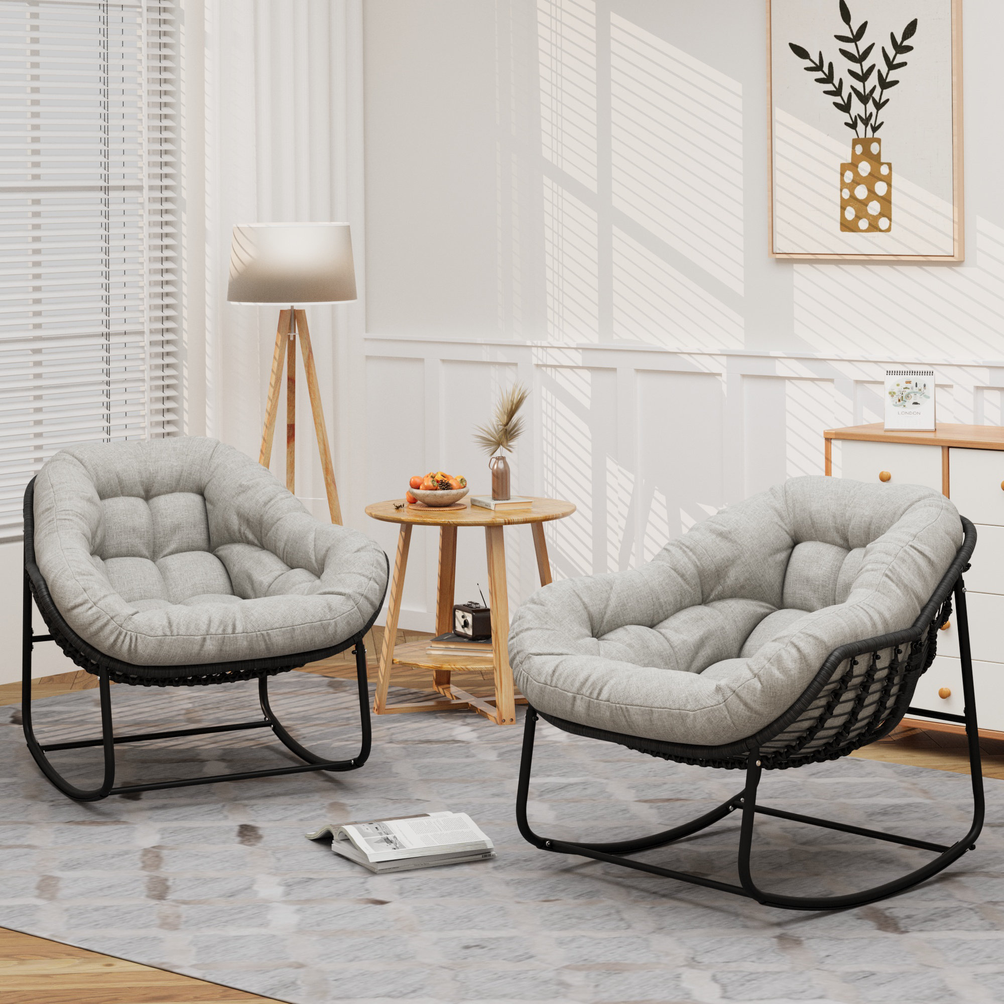 Bayou Breeze Outdoor Rocking Chair,Rattan Rocker Chair with Padded ...