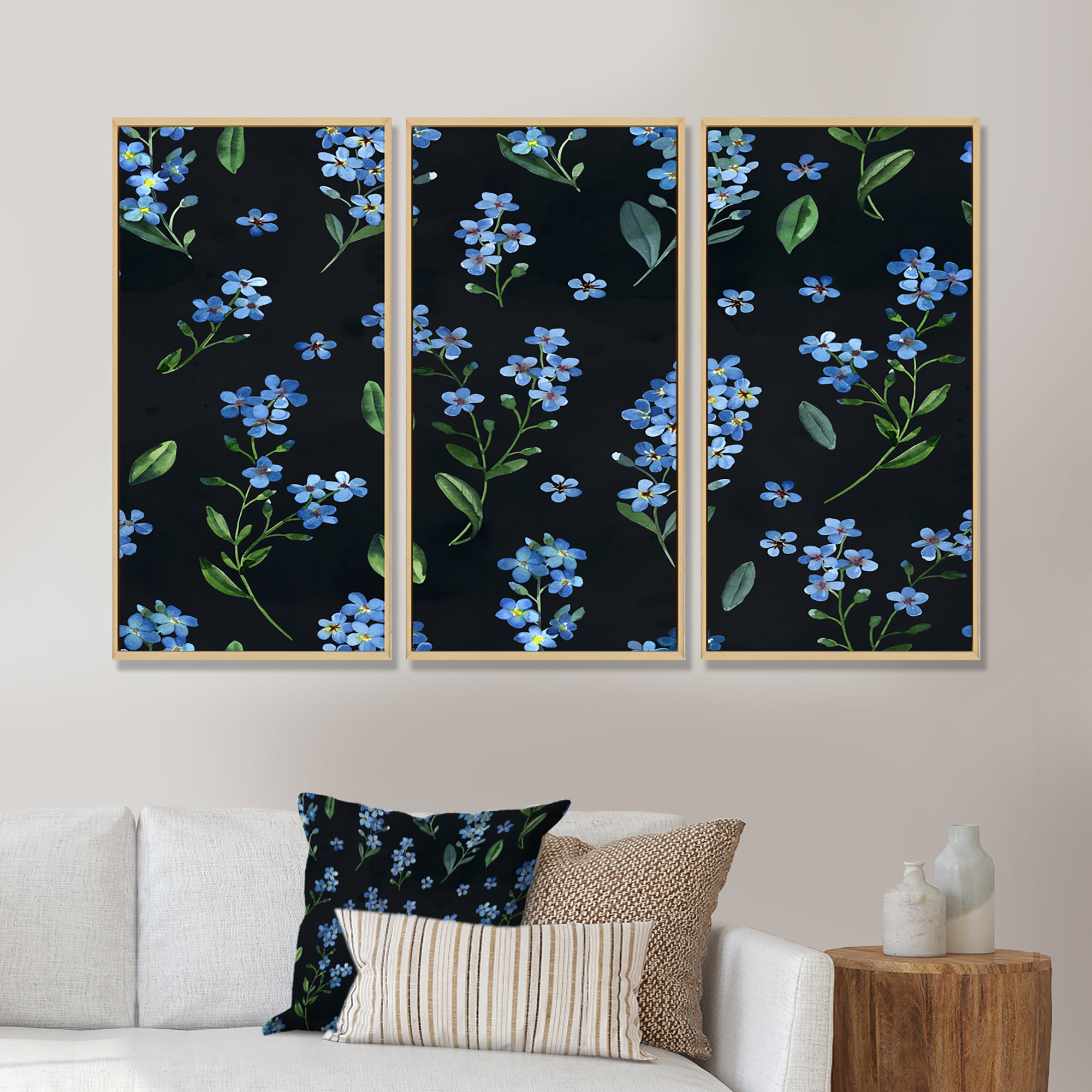 Winston Porter Gentle Blue Spring Flowers On Black - Traditional Framed ...