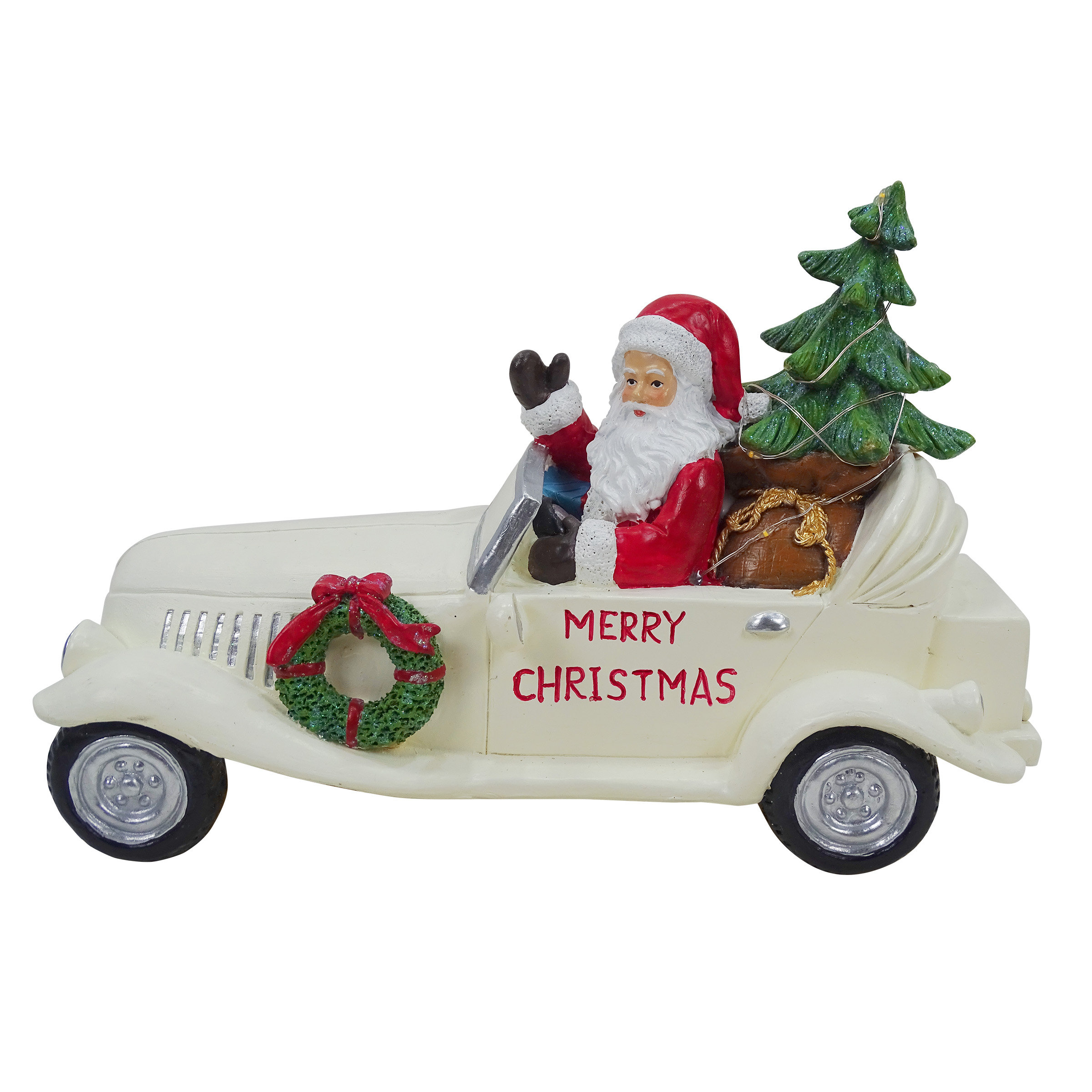 The Holiday Aisle® Merry Christmas Santa in Vintage White Car Statue w ...