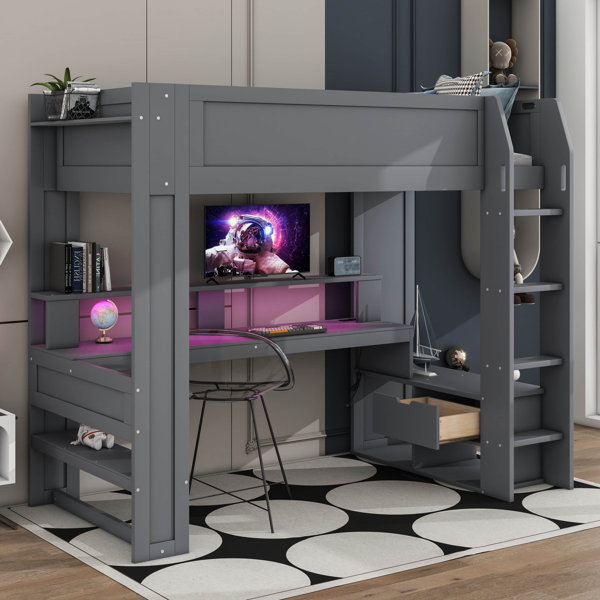 Kunpeng Wood Gaming Loft Bed with Desk, Shelves, LED and Charging ...