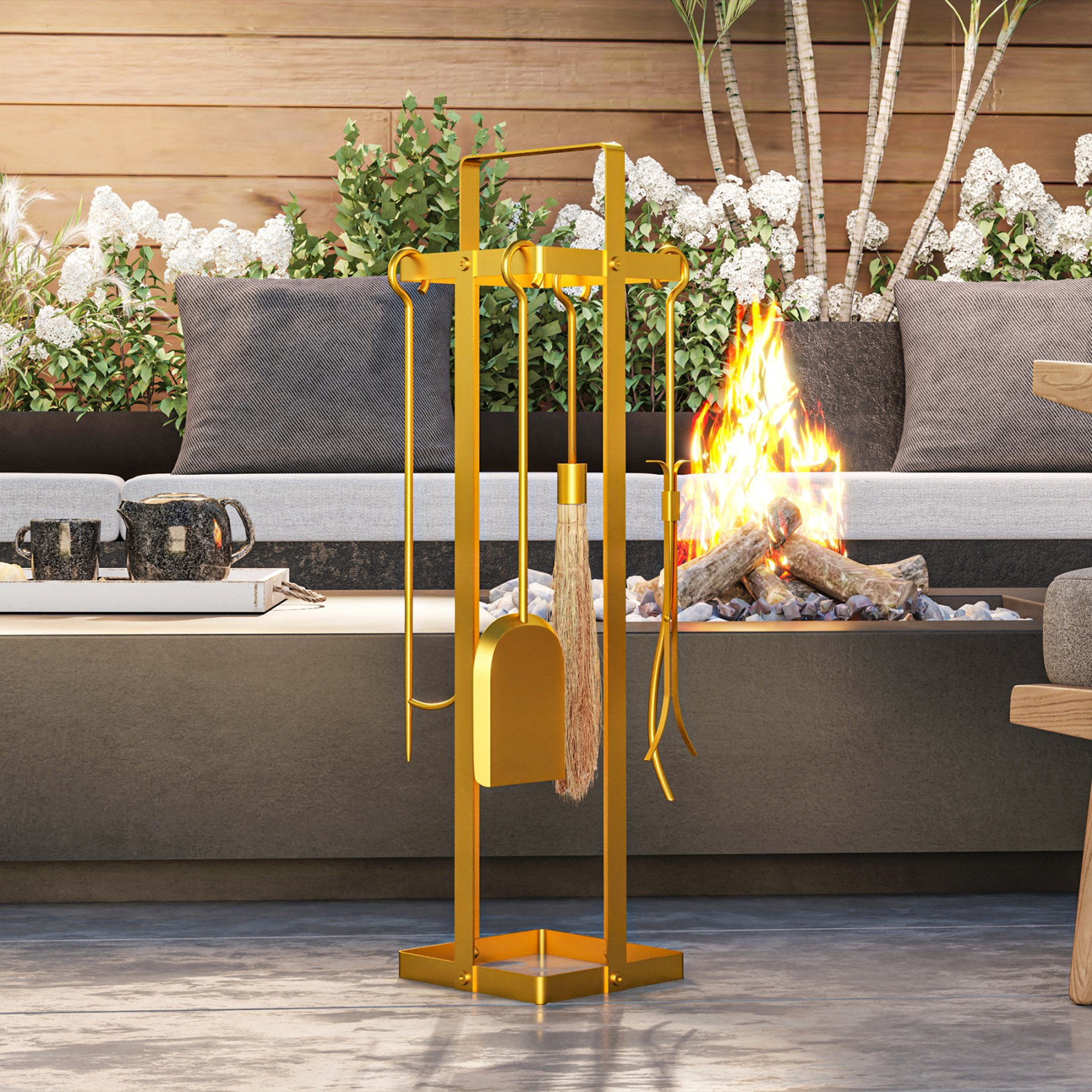 Latitude Run® Outsunny Fireplace Tools Set Indoor Outdoor 5 Piece Heavy ...