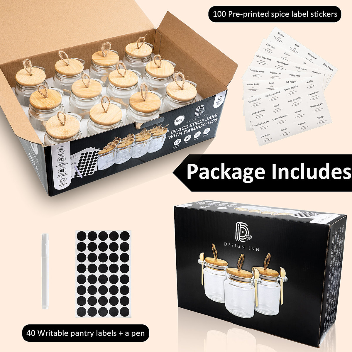 Design Inn 12 Airtight Glass Spice Jars with Bamboo Lids 8oz Spice ...