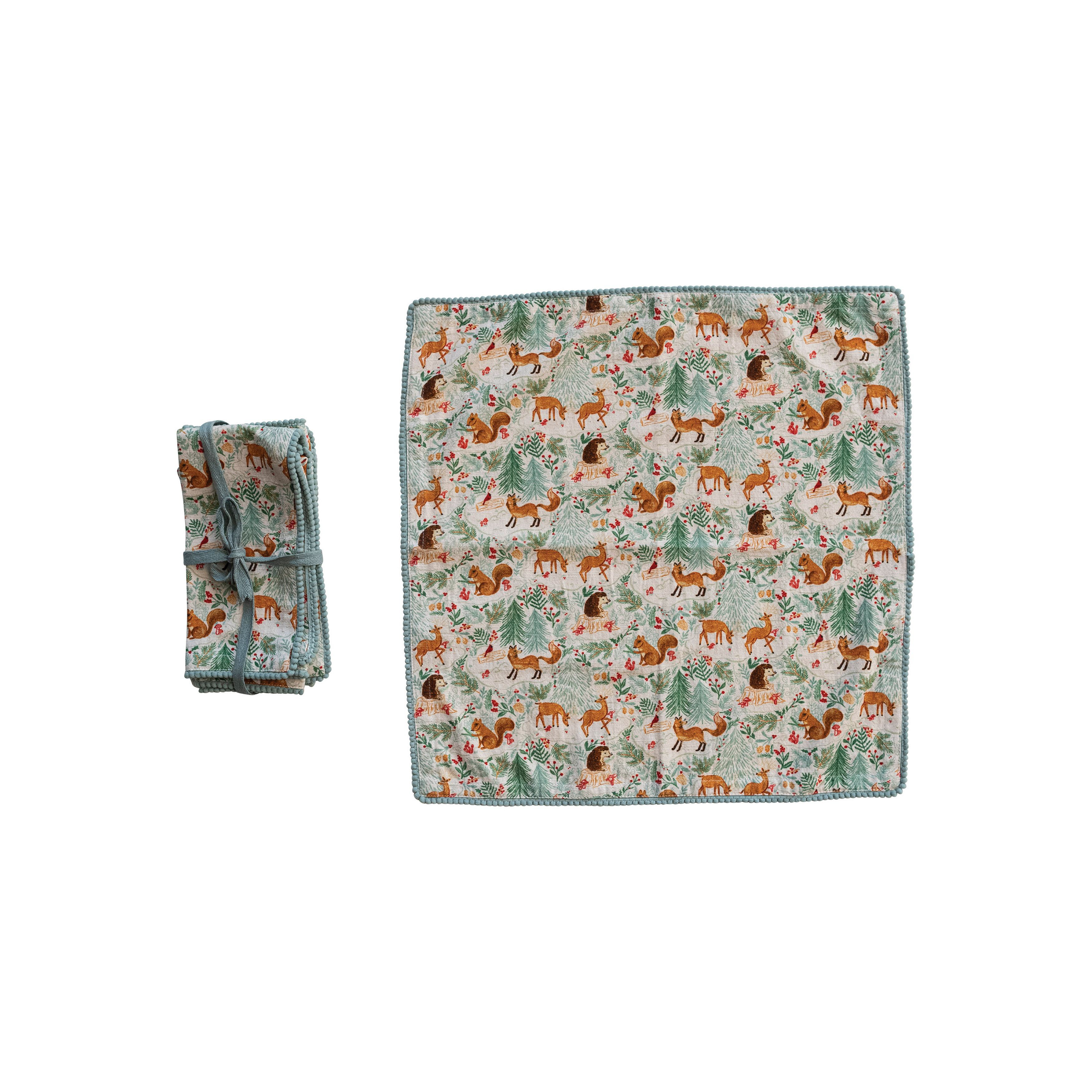 Millwood Pines Woodland Flora And Fauna Napkins With Pom Pom Trim | Wayfair