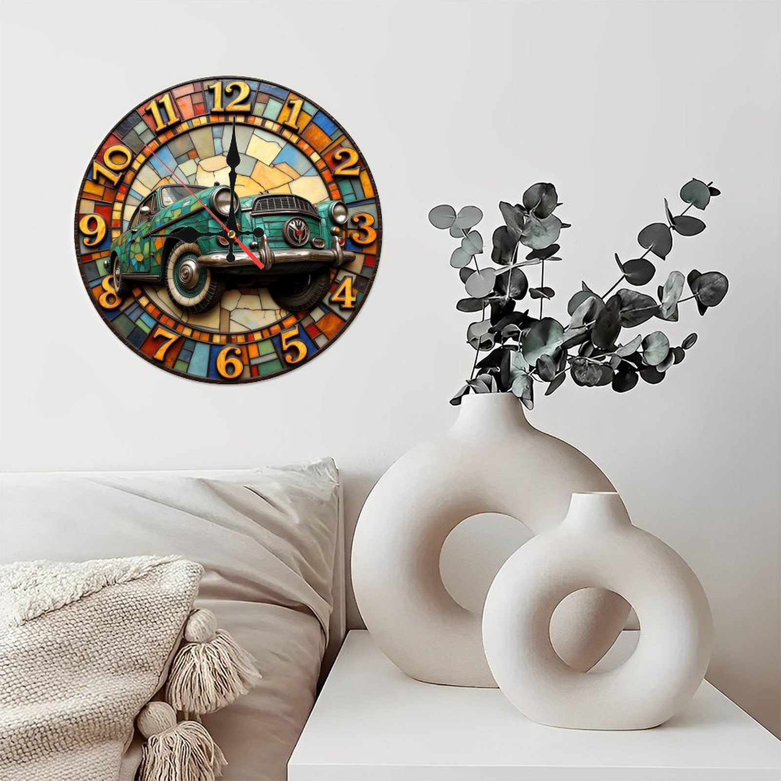 Dakota Fields Vintage Car Wall Clock with Stained Glass Design10-Inch ...