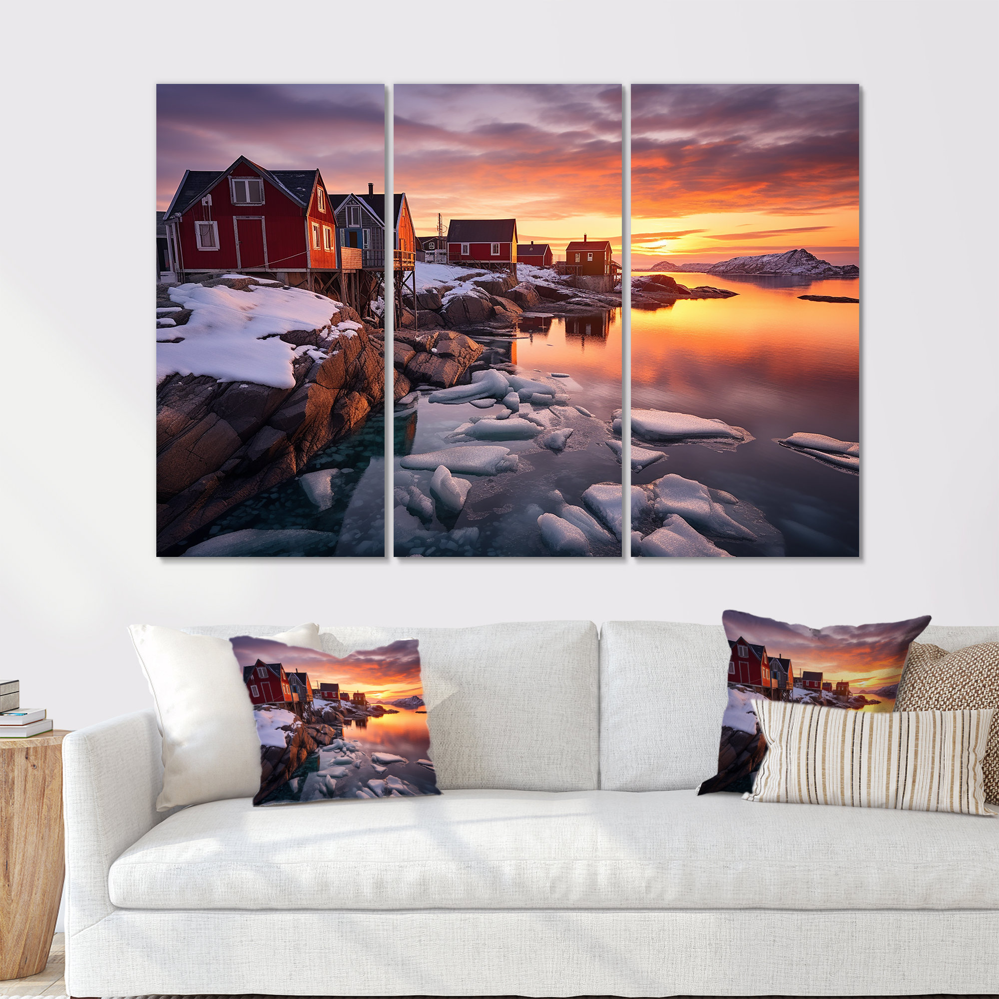 Beachcrest Home™ Red Houses Ice River Arctic Sunset - Lake House Wall ... Beachcrest Home™ Red Houses Ice River Arctic Sunset - Lake House Wall ...