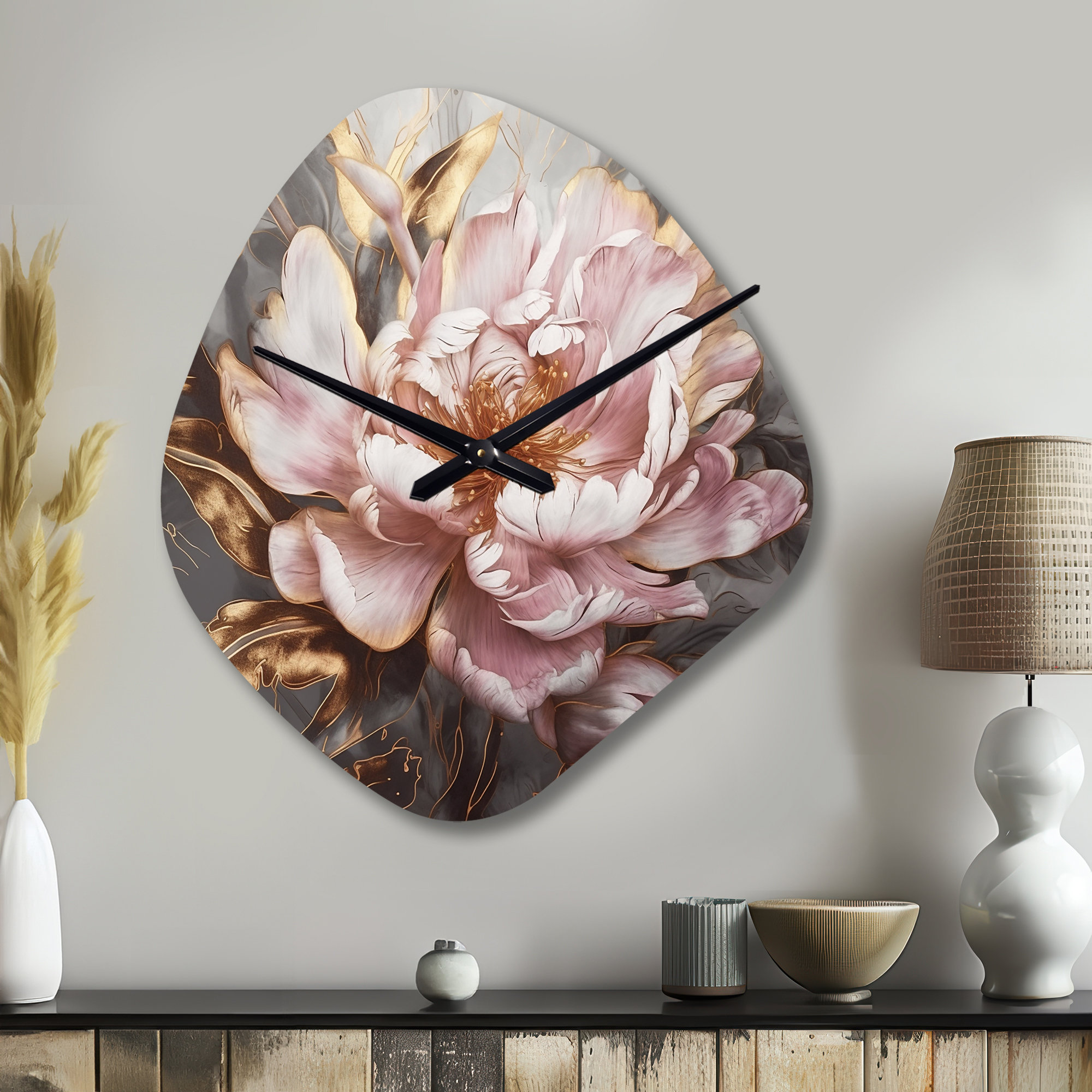 Design Art Pink Gold Peonies Petals - Peonies Asymmetrical Metal Wall ...
