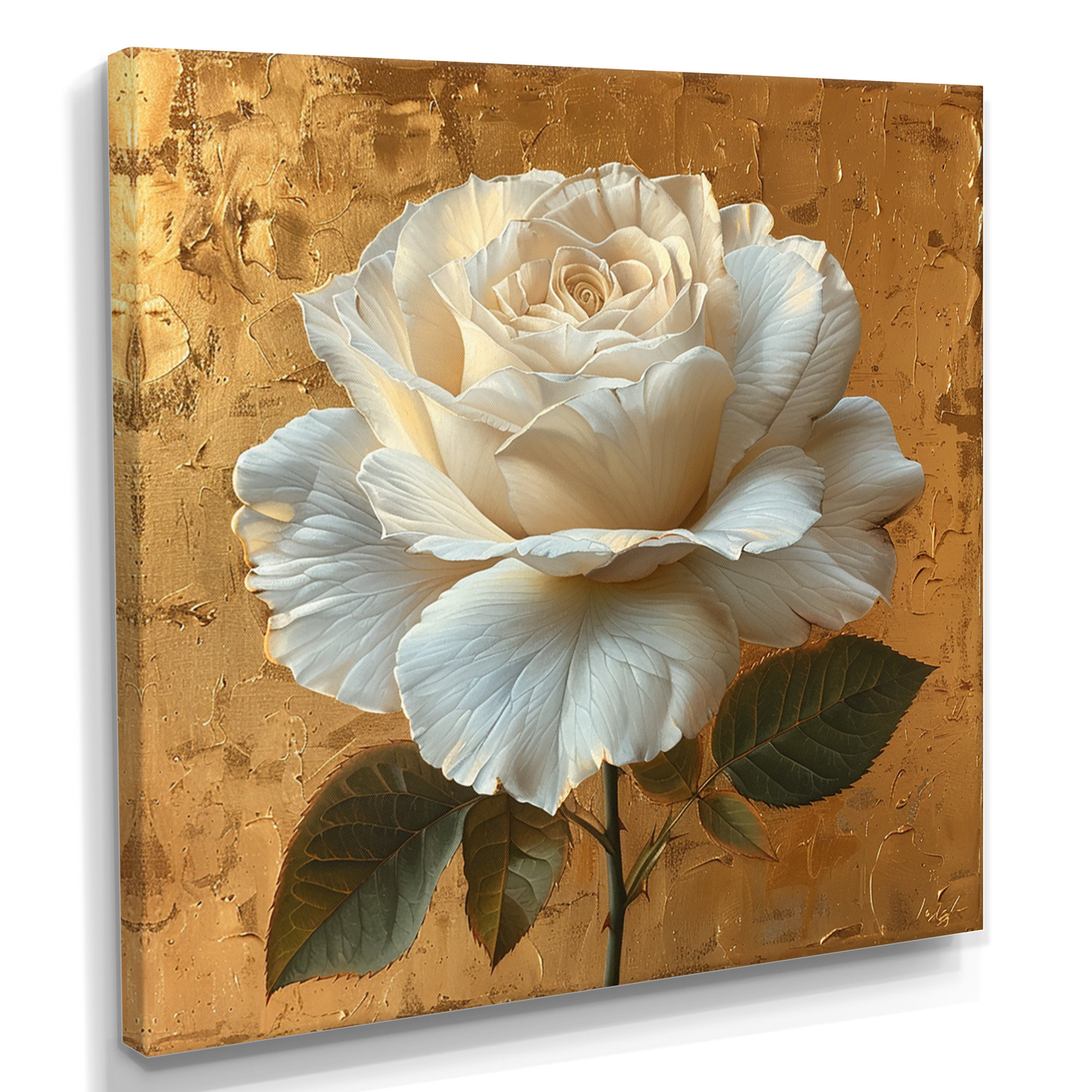Winston Porter Blossoming White Rose On Vintage Gold - Rose Wall Art ...