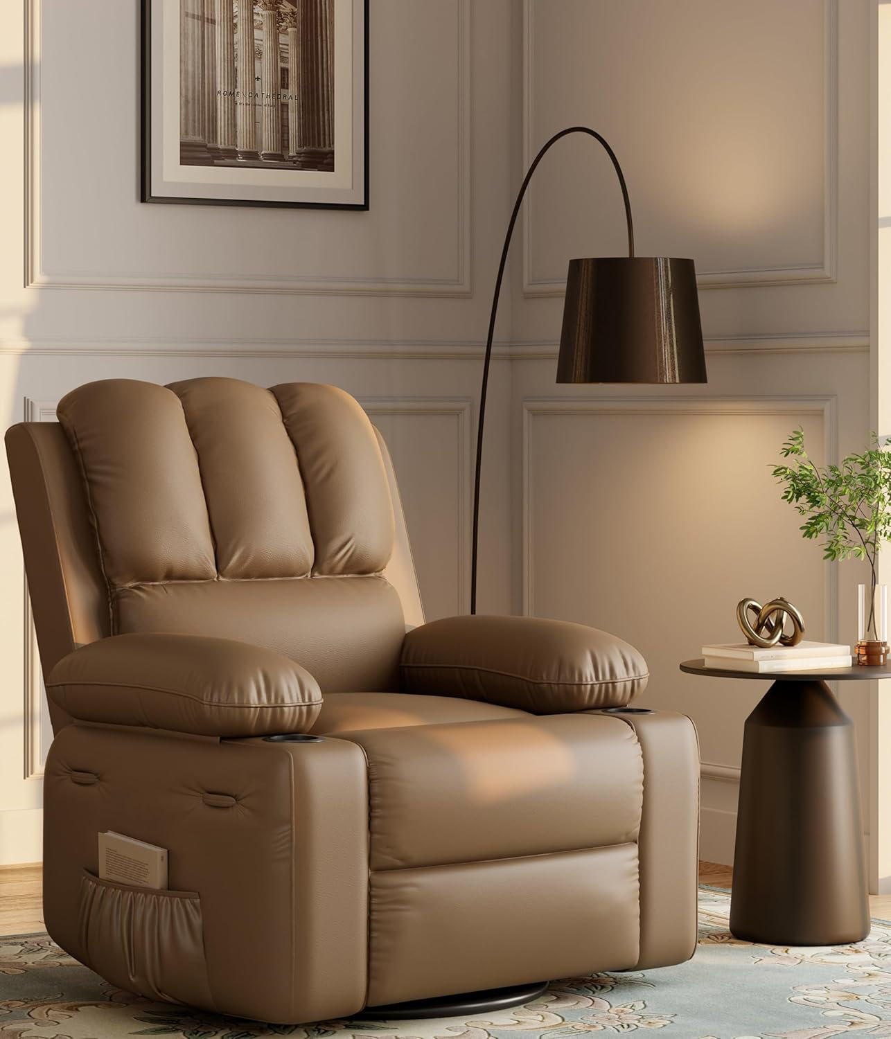 Ebern Designs Recliner Chair, PU Leather Recliner with Cup Holders and ...