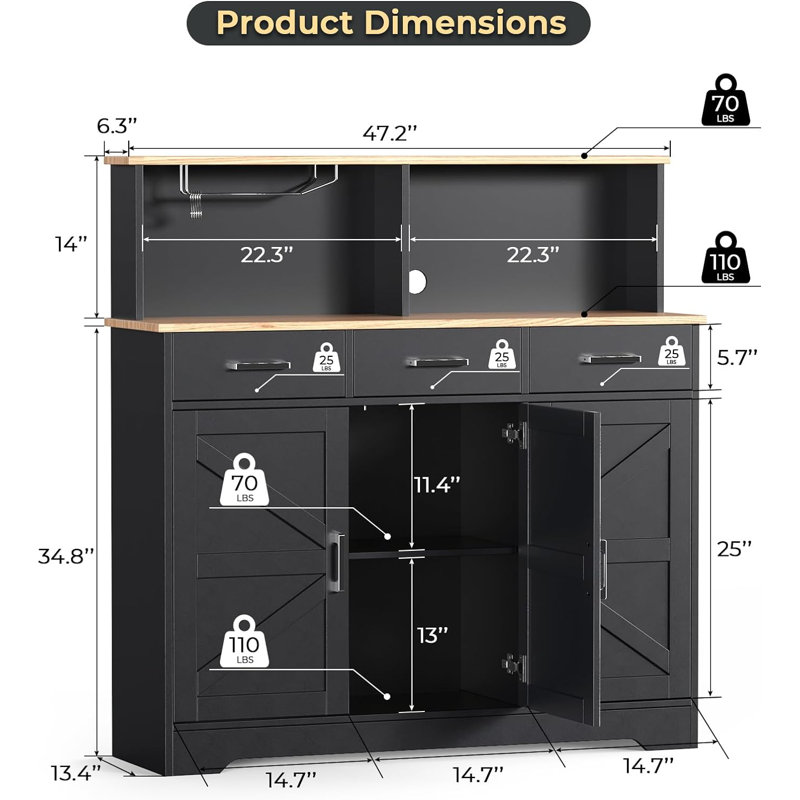 August Grove® Buffet Cabinet with Storage,47" Sideboard with 3 Drawers ...