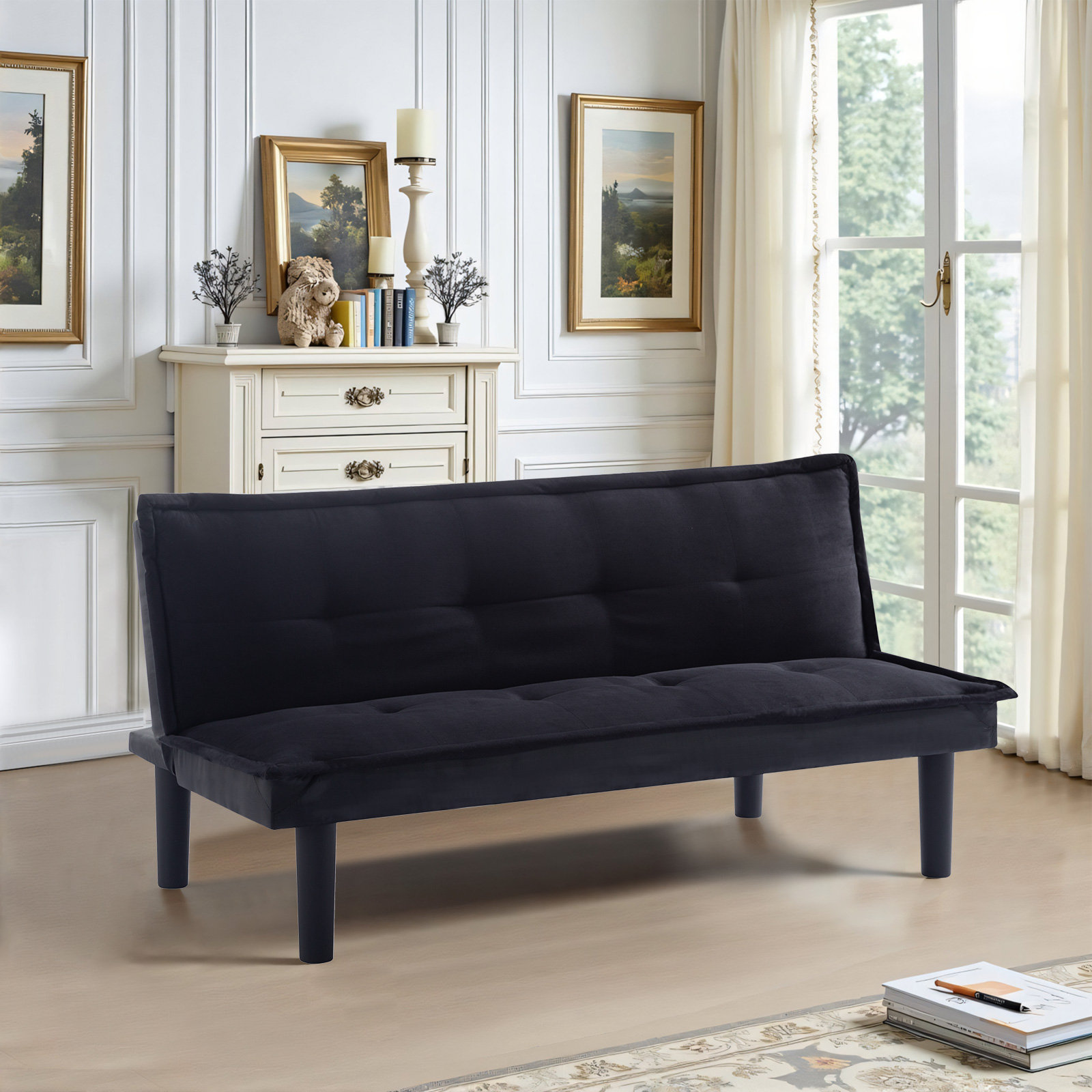 Ebern Designs Foldable Futon Sofa Bed, Convertible Couchbed With 3 ...