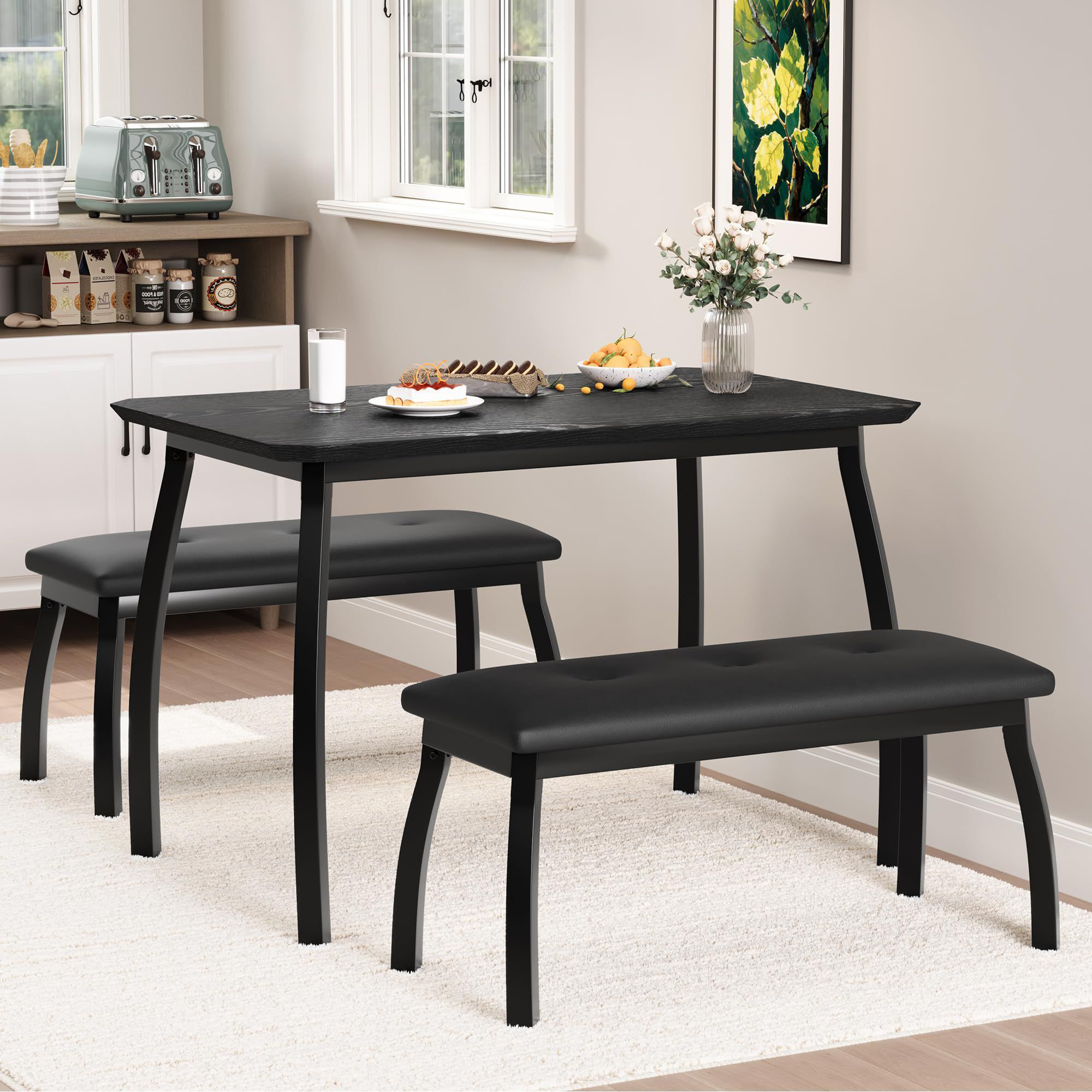 17 Stories Dining Table Set For 4, With 2 Upholstered Benches | Wayfair