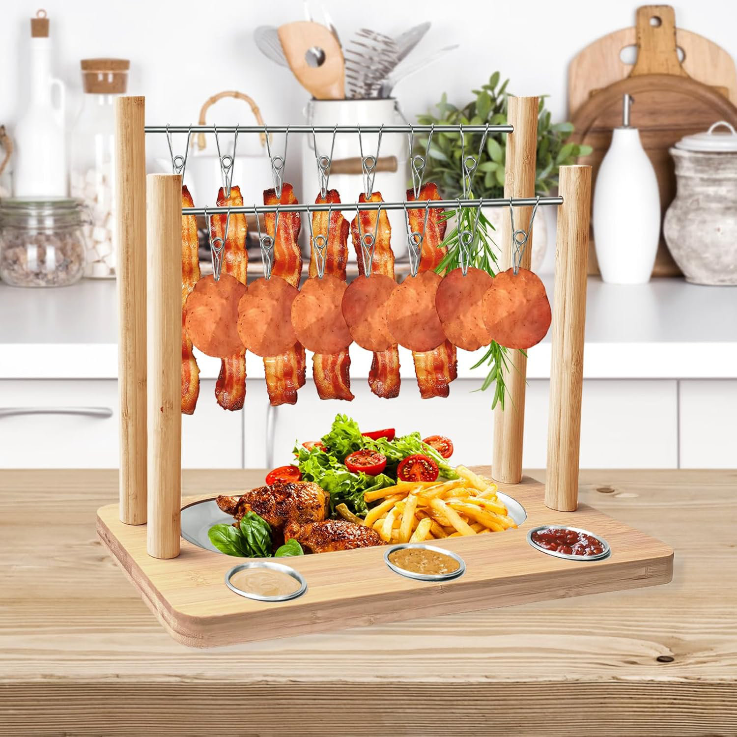 Gracie Oaks Bacon Display Rack, Wood Bacon Serving Dishes, Bacon Hanger ...