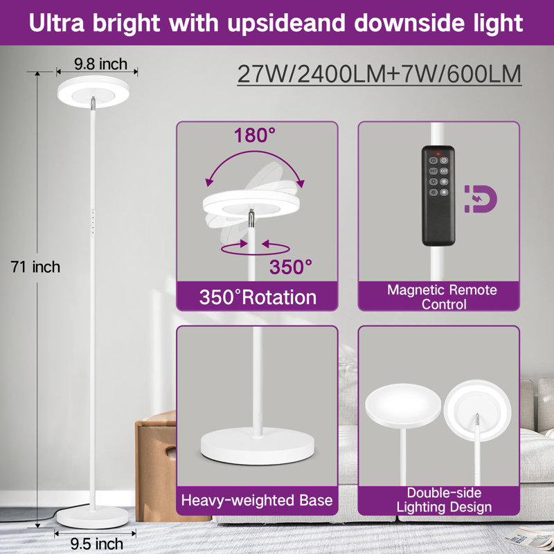 Ivy Bronx Jernell 71" LED Dimmable Torchiere & Reading Floor Lamp with ...