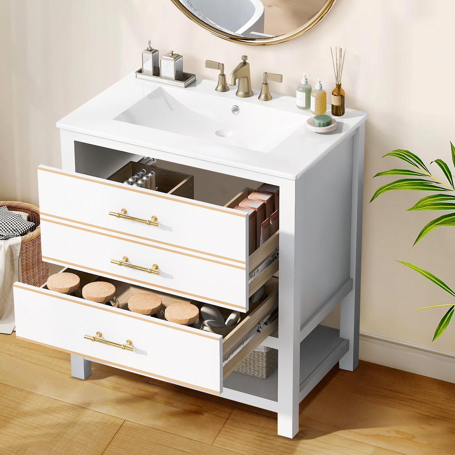 Mercer41 Bathroom Vanity Cabinet Ceramic Sink Combo With Open Storge ...