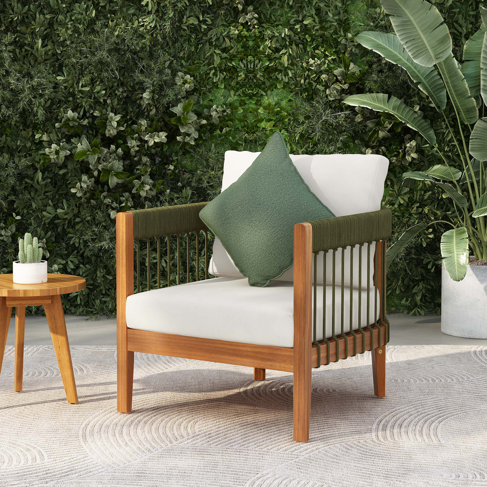 Lark Manor Acacia Wood Outdoor Club Chair With Handwoven Rope Accents ...