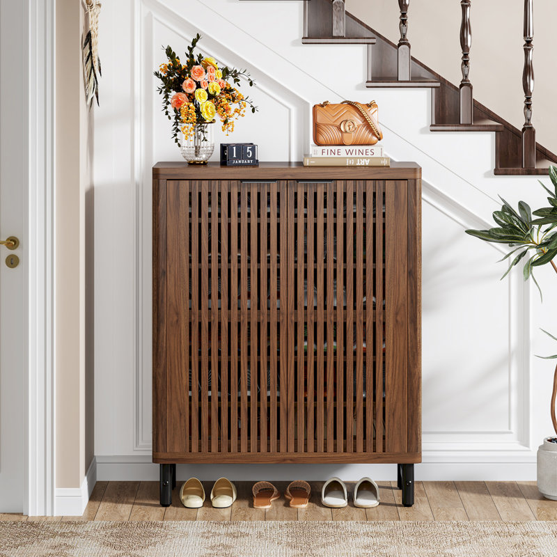 Loon Peak® 24 Pair Walnut Shoe Storage Cabinet with Louvered Doors ...