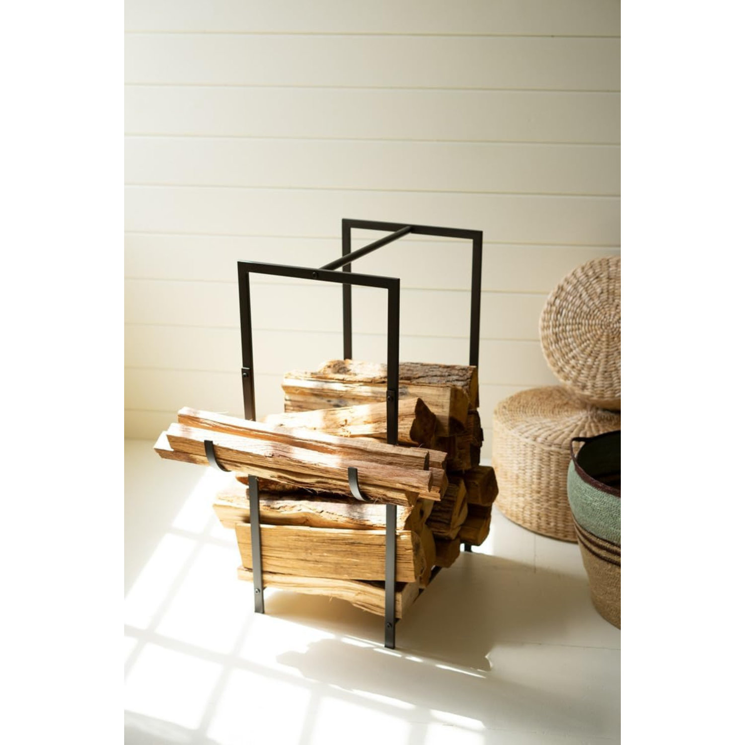 Latitude Run® Modern Rectangular Metal Firewood Rack With Hooks In ...