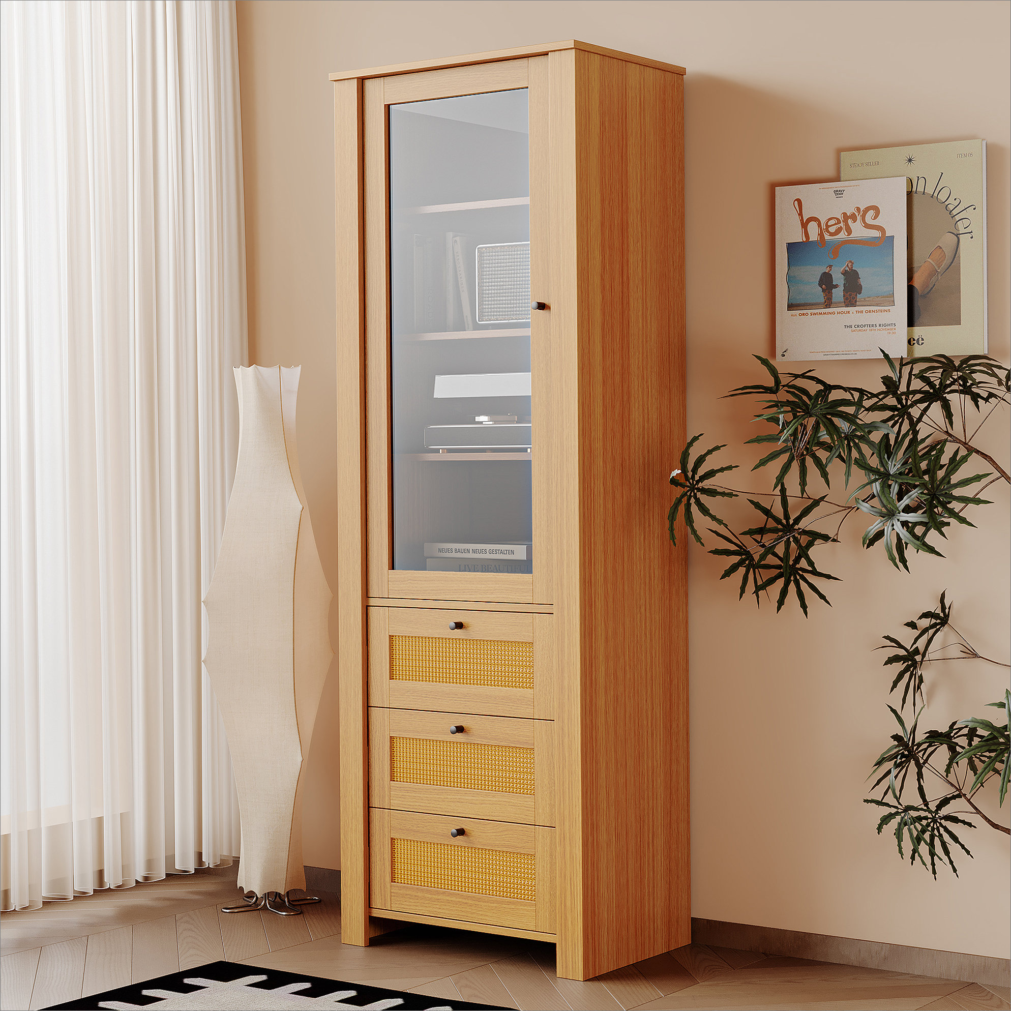 Red Barrel Studio rattan door Bookshelf Display Case with drawer finish ...