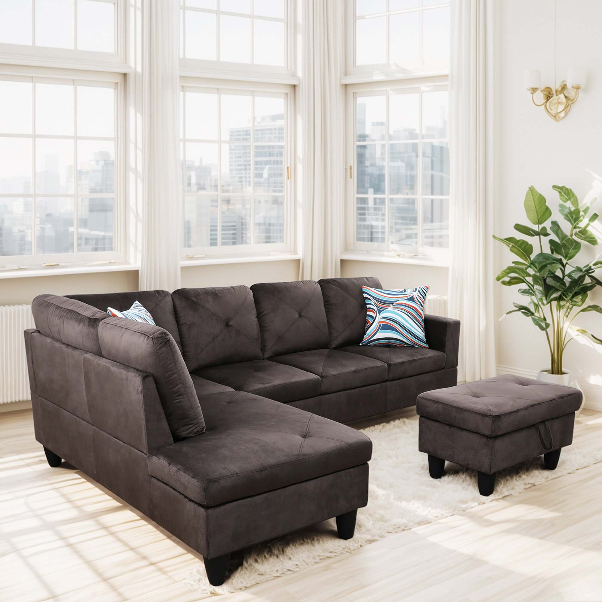 Latitude Run® Convertible Sectional Sofa Couch, 4 Seat L-Shaped Flannel ...