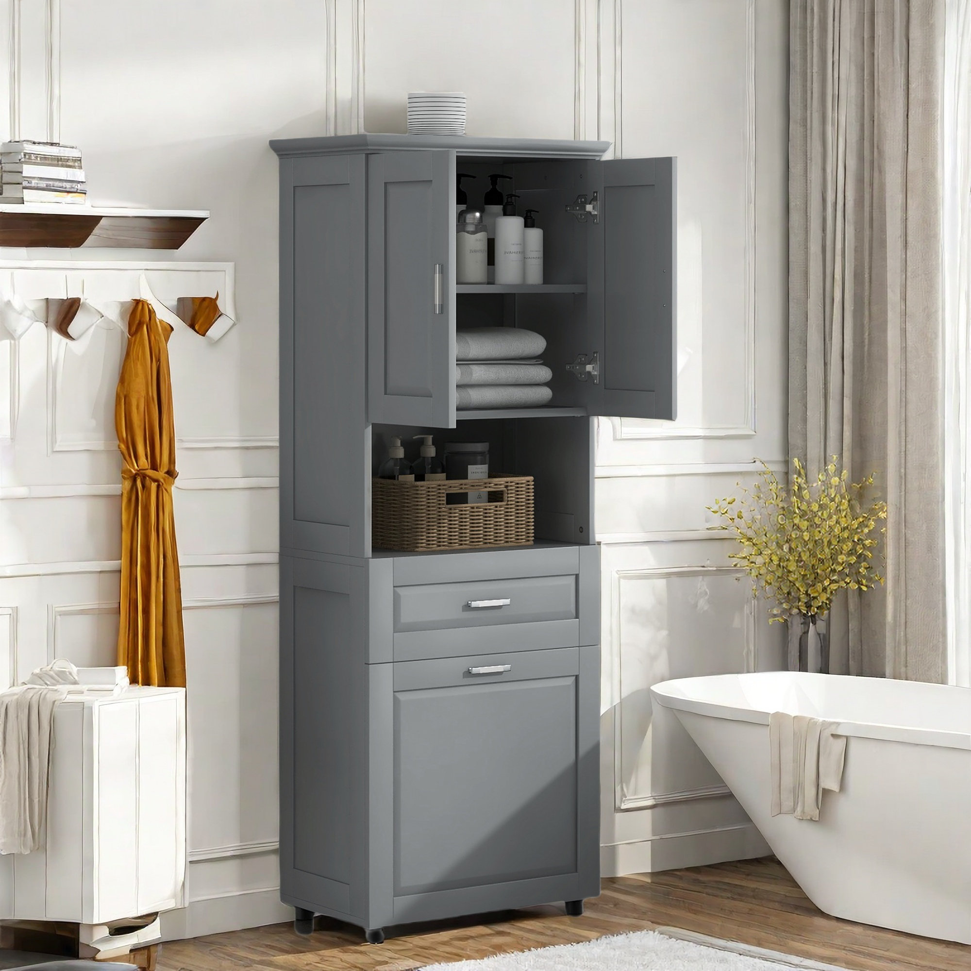 Red Barrel Studio® Kehara Tall Bathroom Cabinet with Laundry Basket And ...