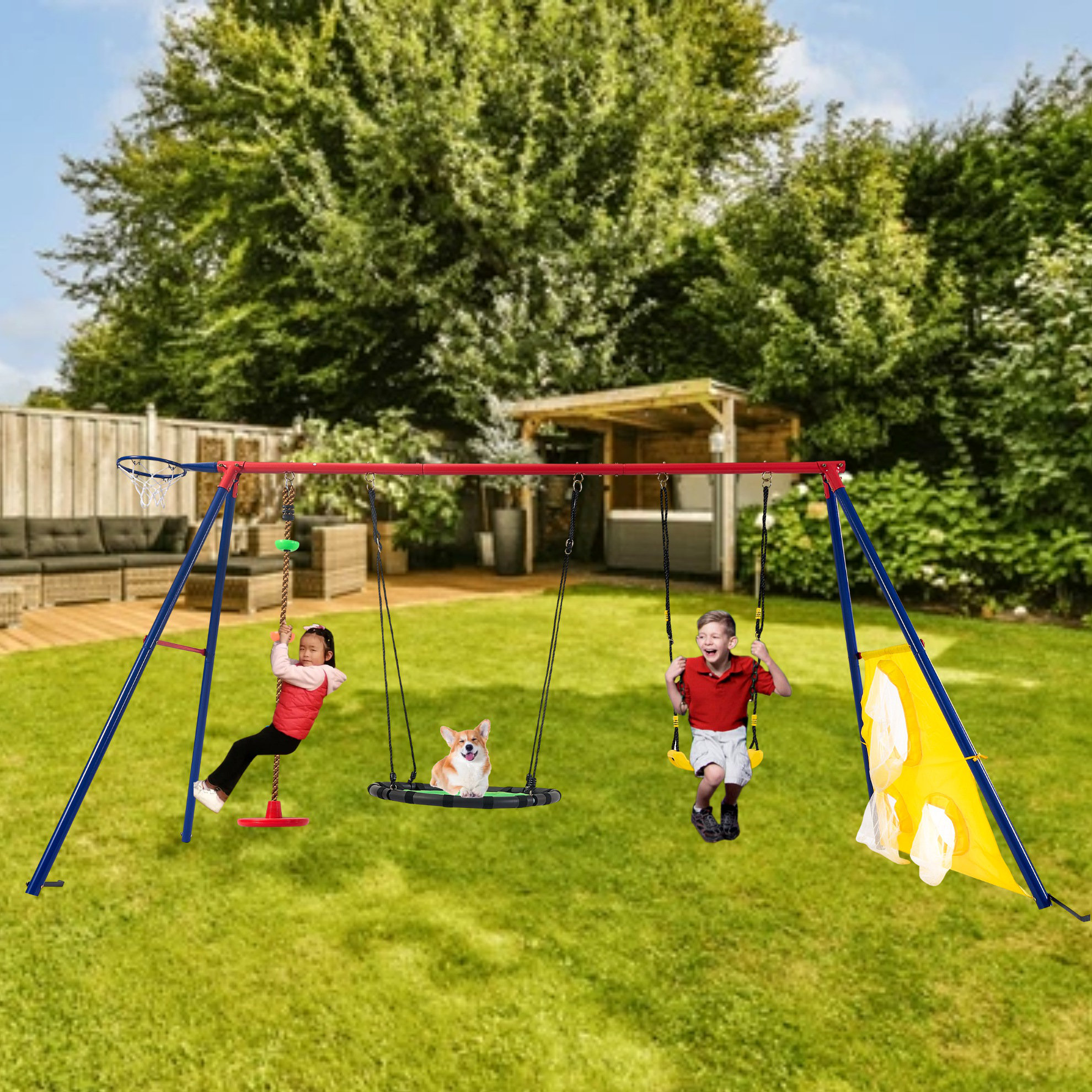 Ivy Bronx Interesting 5In1 Swingset With Textilene Swing And Tree Swing ...