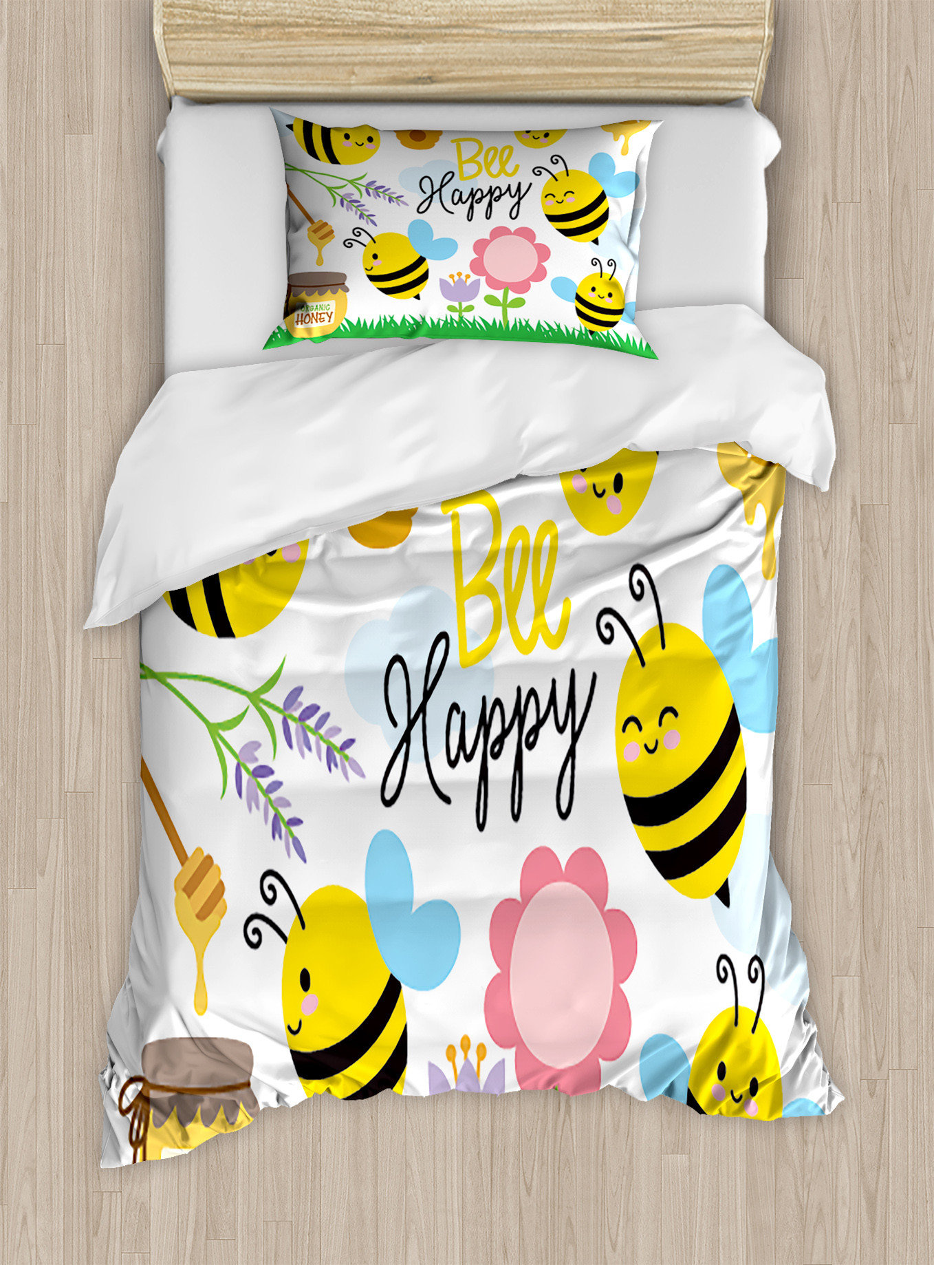 Ambesonne Honey Bee Duvet Cover Set, Bee Happy Spring Garden, Twin ...