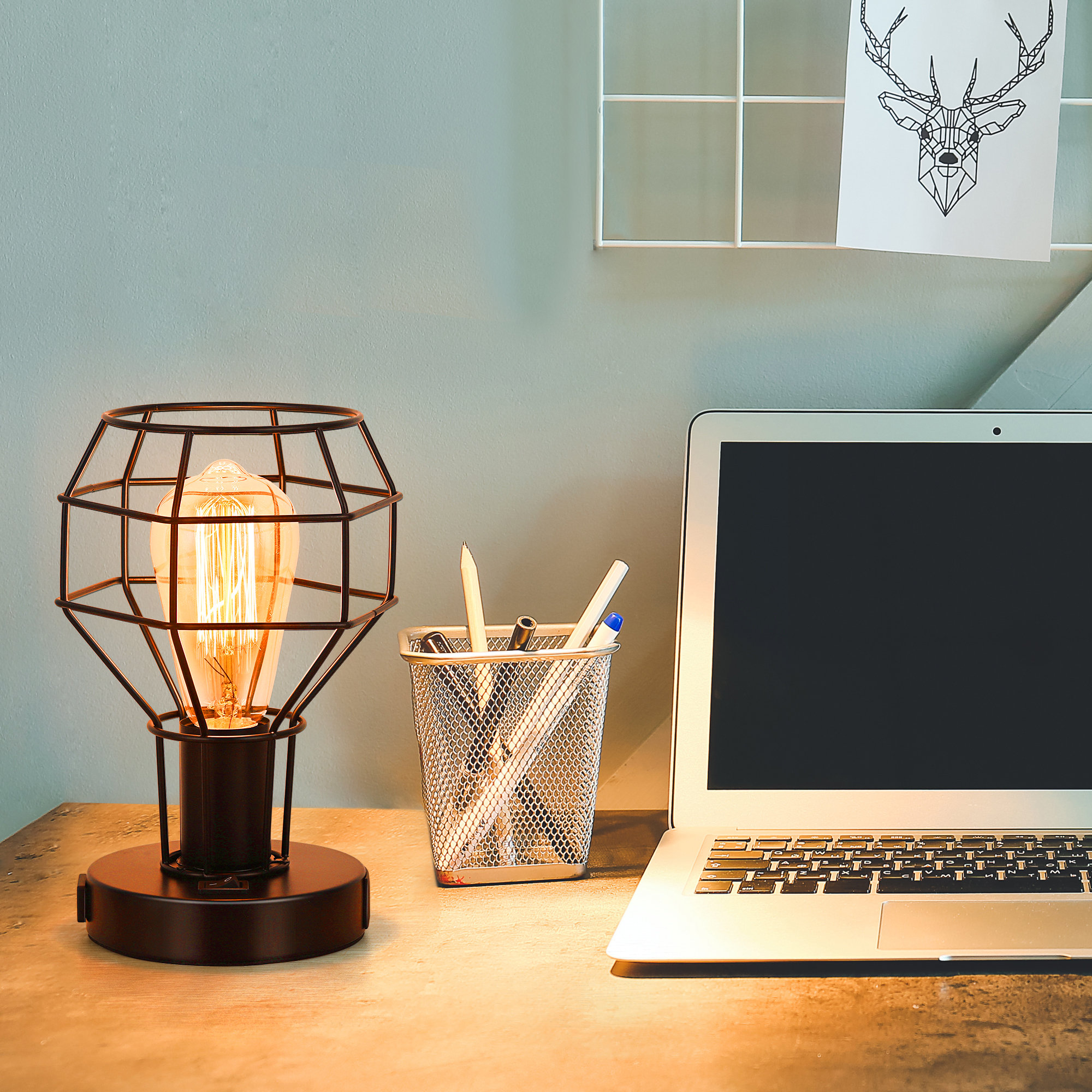 Latitude Run® Two Piece Industrial Wire Cage Desk Lamp With USB ...