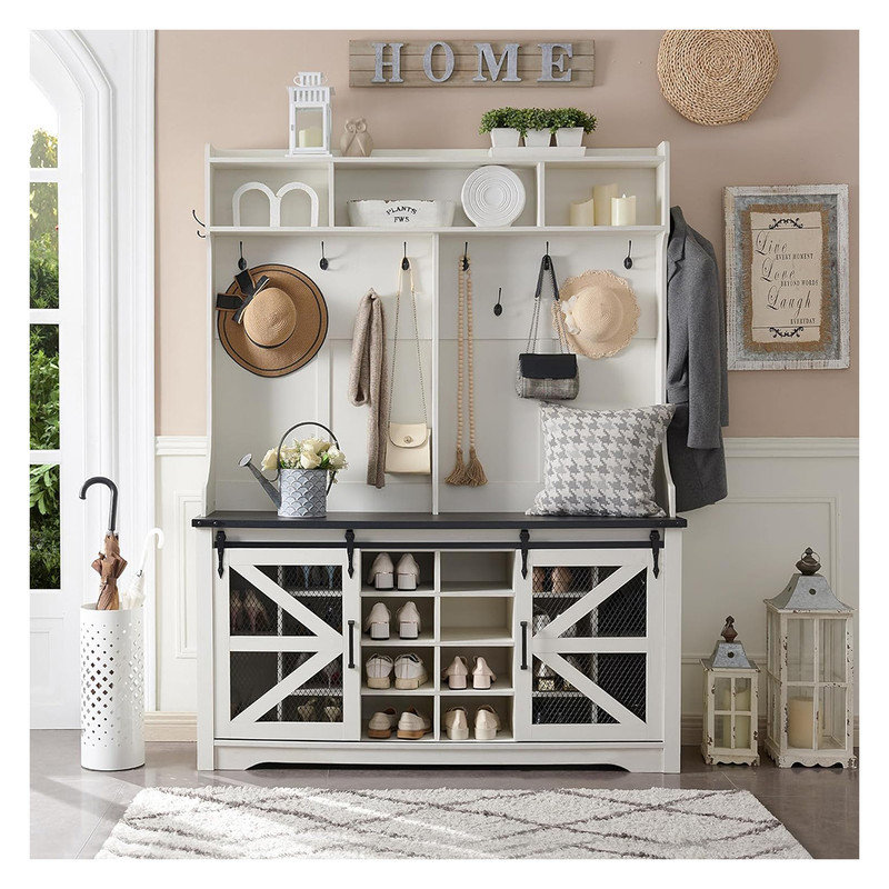 AMIZOY 20 Shoe Cubbies & 12 Coat Hooks Wide Hall Tree with Shoe Storage ...