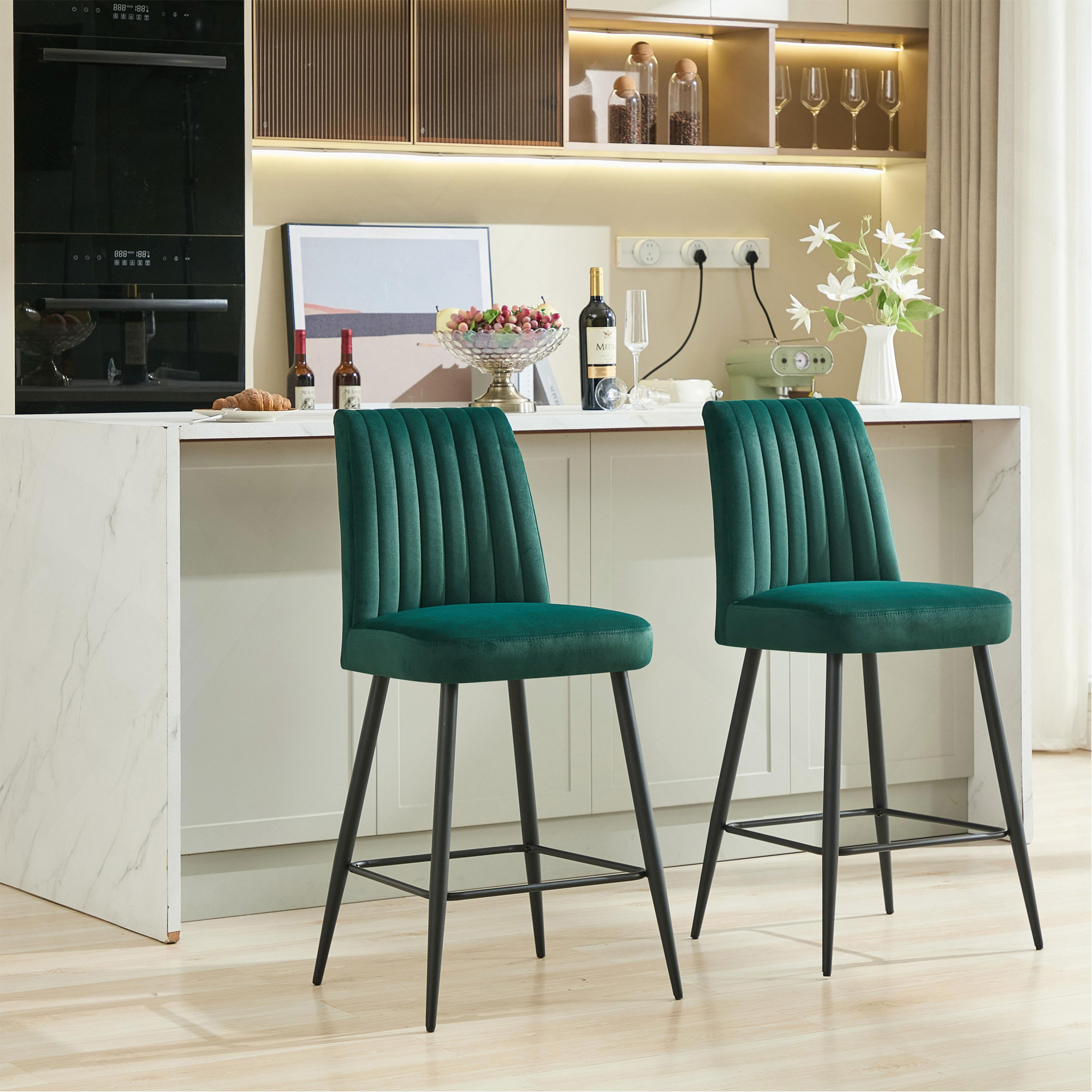 Latitude Run® Adjustable Iron Feet Bar Chairs Set Of 2 Simple Velvet ...
