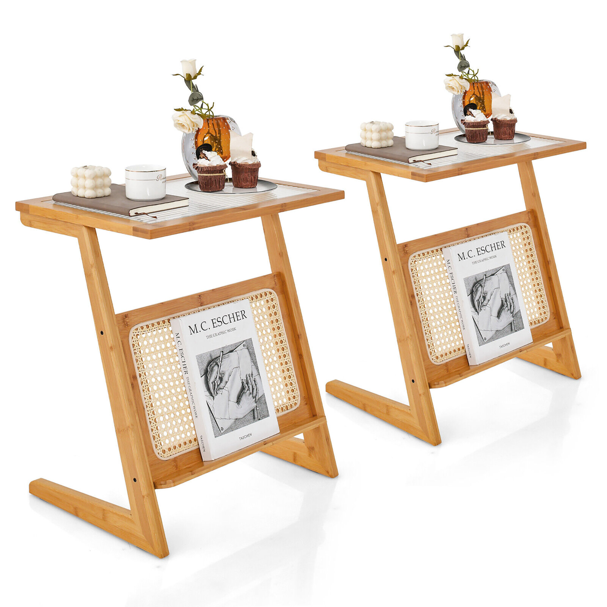 Bay Isle Home™ 2 Pcs Z-shaped End Table Glass Top Bamboo Side Table W ...