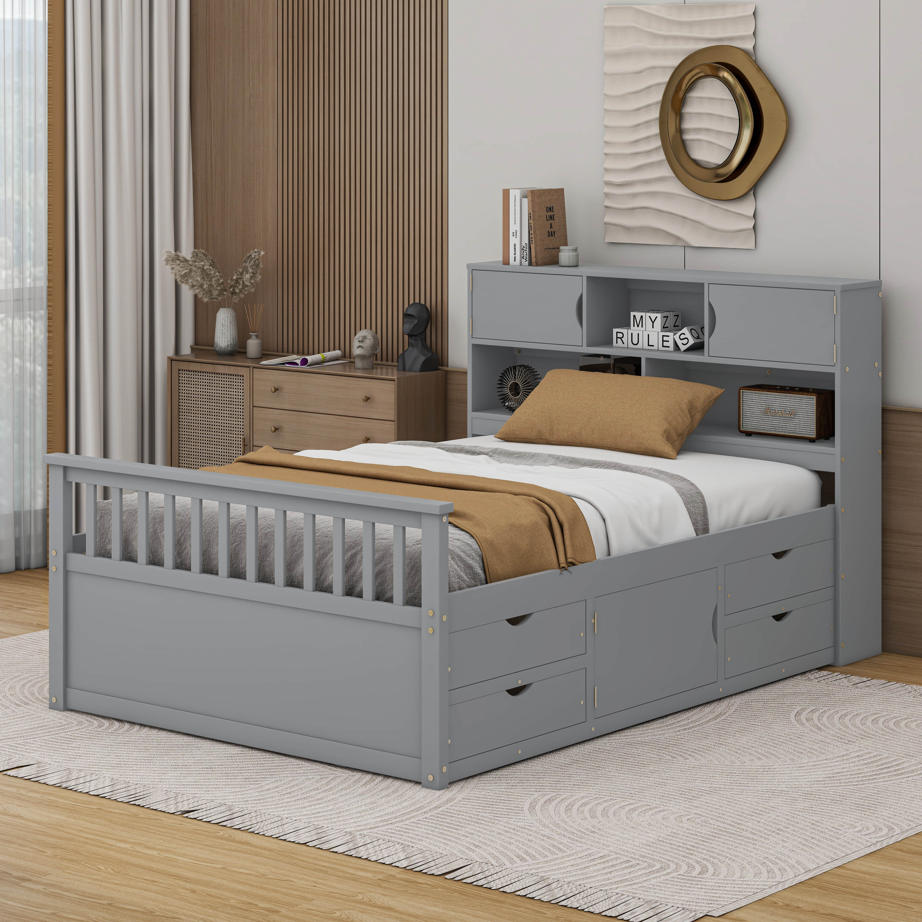 Cosmic Full Size Captain Platform Bed Frame With Storage Bookcases And ...