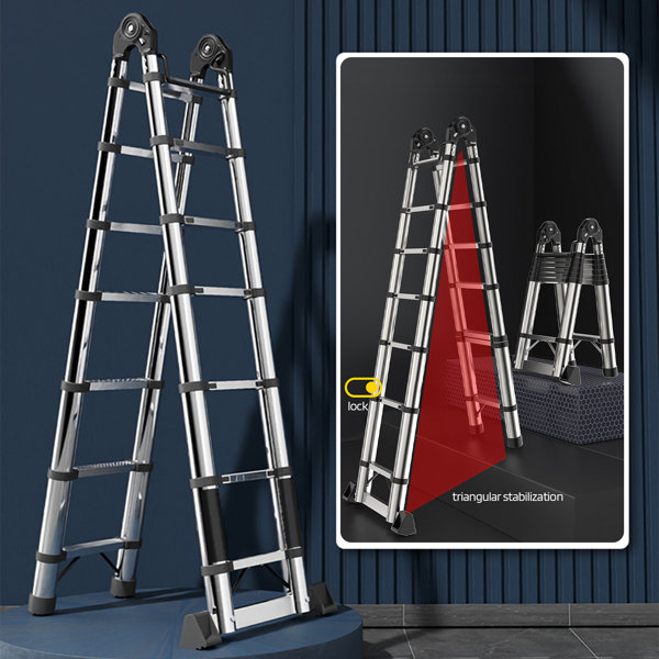 17 Stories Telescoping Extension Ladder, Stainless Steel Folding ...