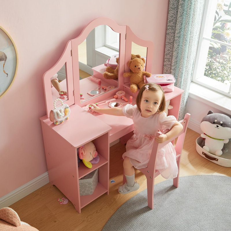 Harriet Bee Princess Makeup Table and Chair with Open Storage Cabinet ...