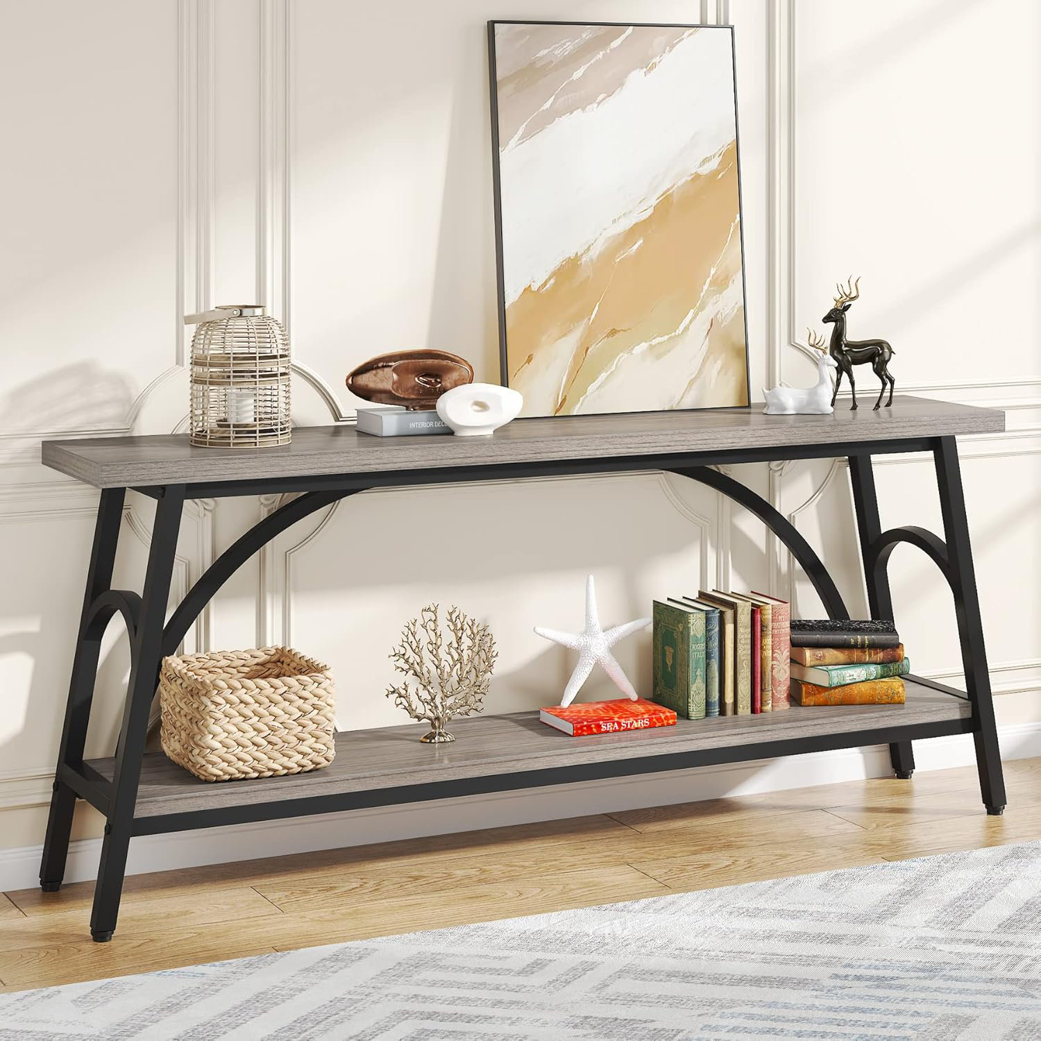 17 Stories 70.8 -inch sofa table, 2 -story TV rack, with black steel ...