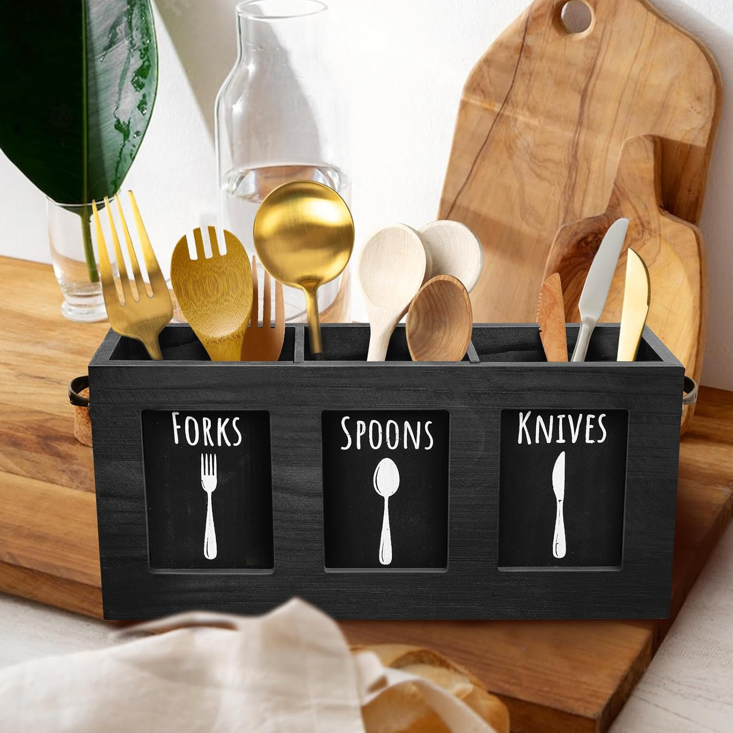 Gracie Oaks Wood Flatware Organizer, Rustic Utensil & Silverware Holder ...