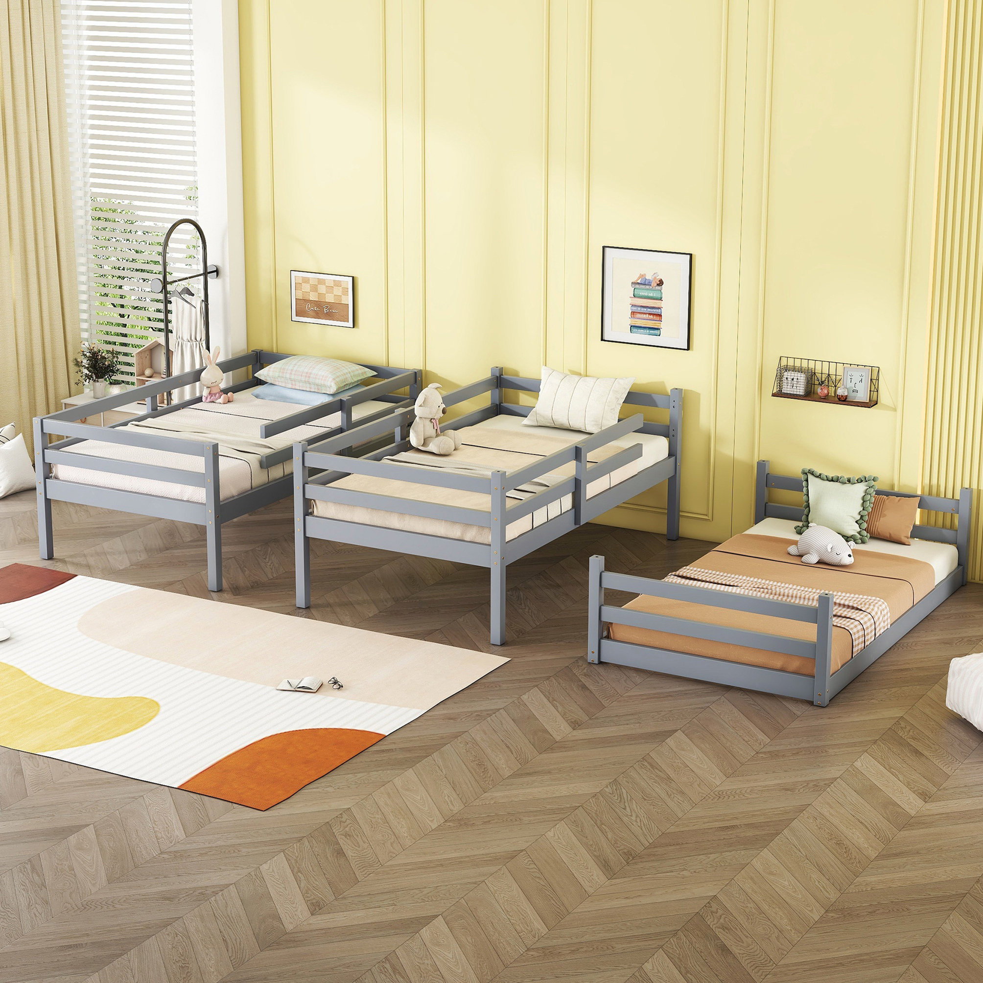 Harriet Bee Triple Rubber Wood Bunk Bed With Two Built-In Ladders ...